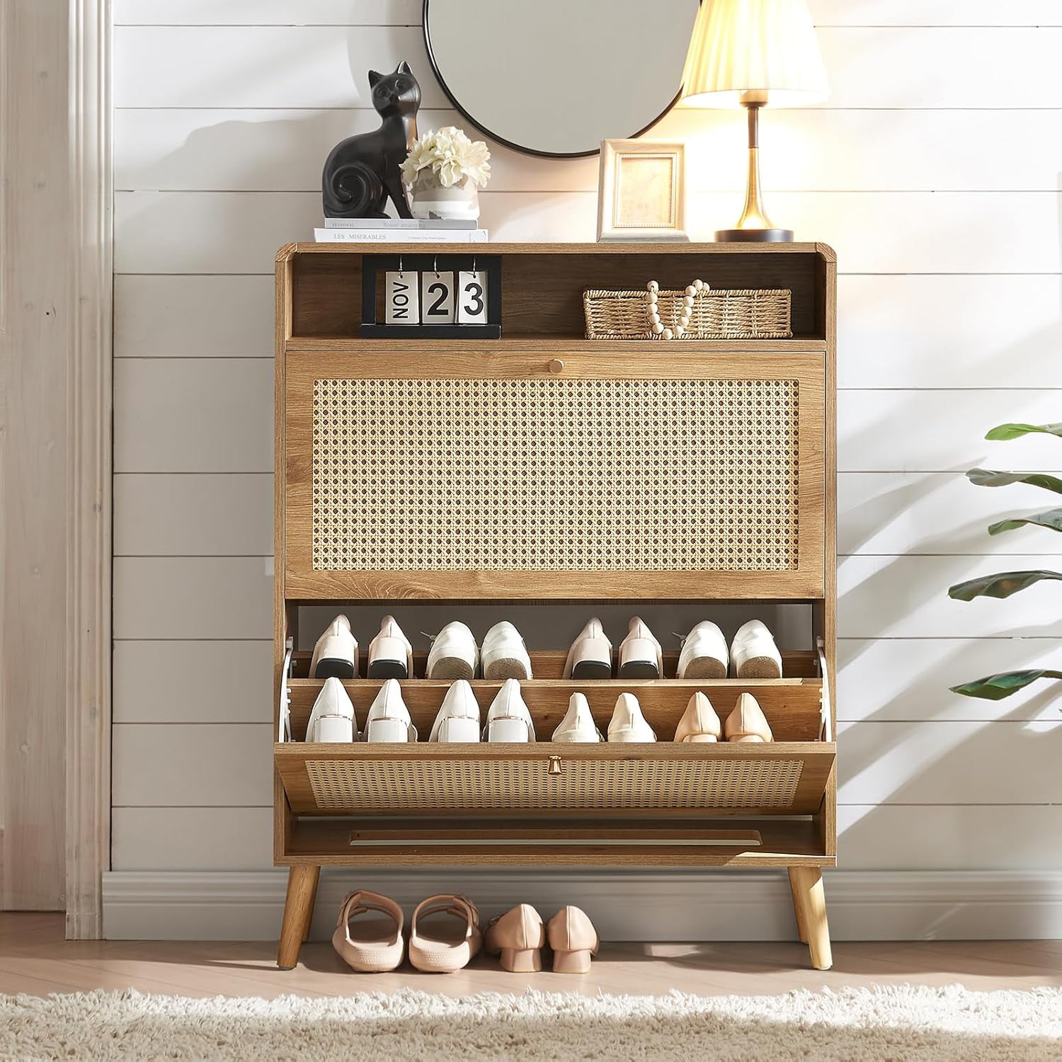 Shoe Storage Cabinet with 2 Flip Drawer Natural Rattan Shoe Cabinet ...