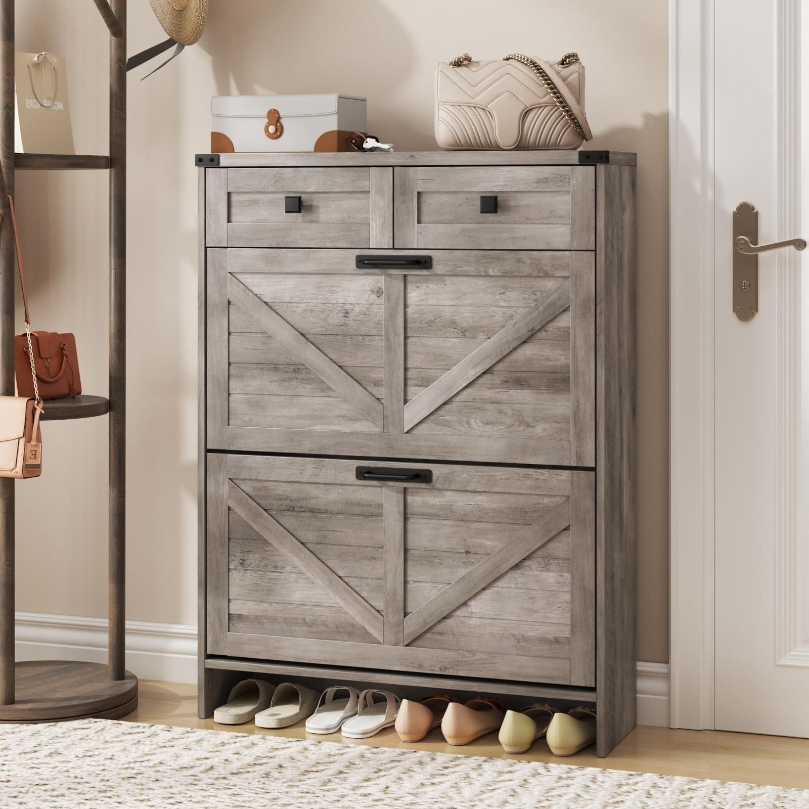 Shoe Storage Cabinet with 2 Flip Drawers & 2 Drawers, Shoe Cabinet ...