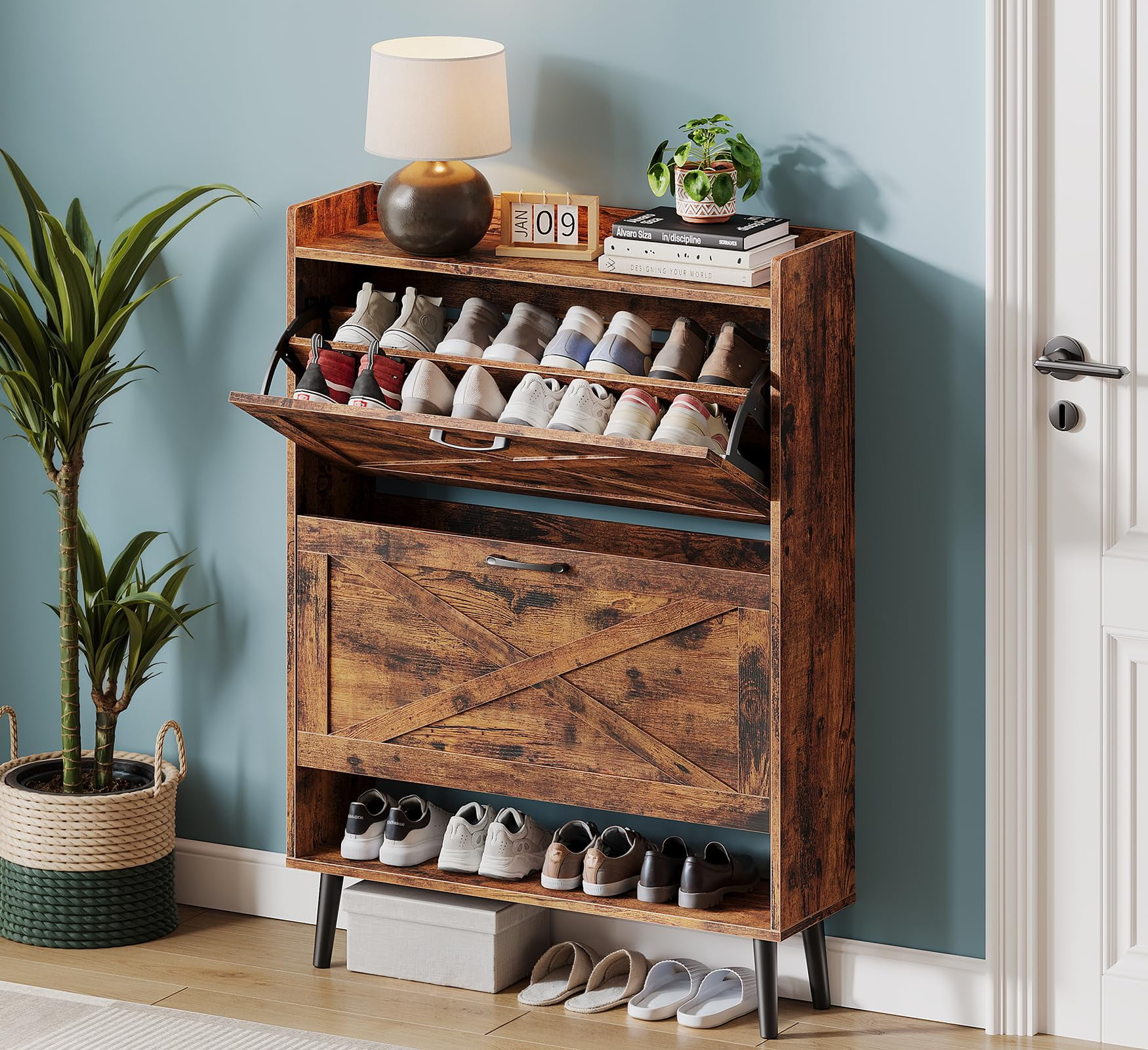 Shoe Storage Cabinet with 2 Flip Drawers, 43.5” Tall Shoe Organizer ...