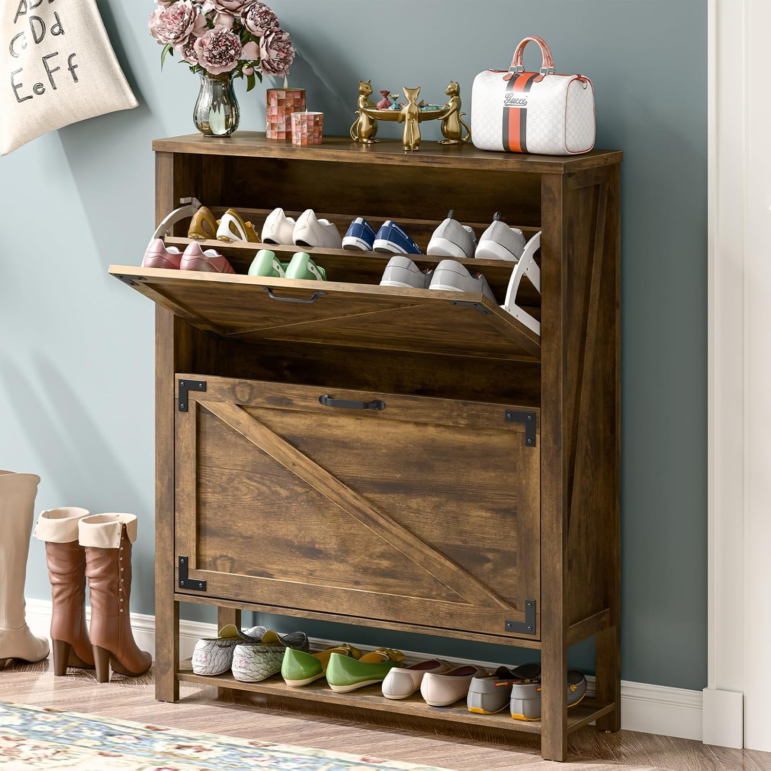 Shoe Storage Cabinet with 2 Flip Drawers, 5 Tier Narrow Hidden Shoe ...