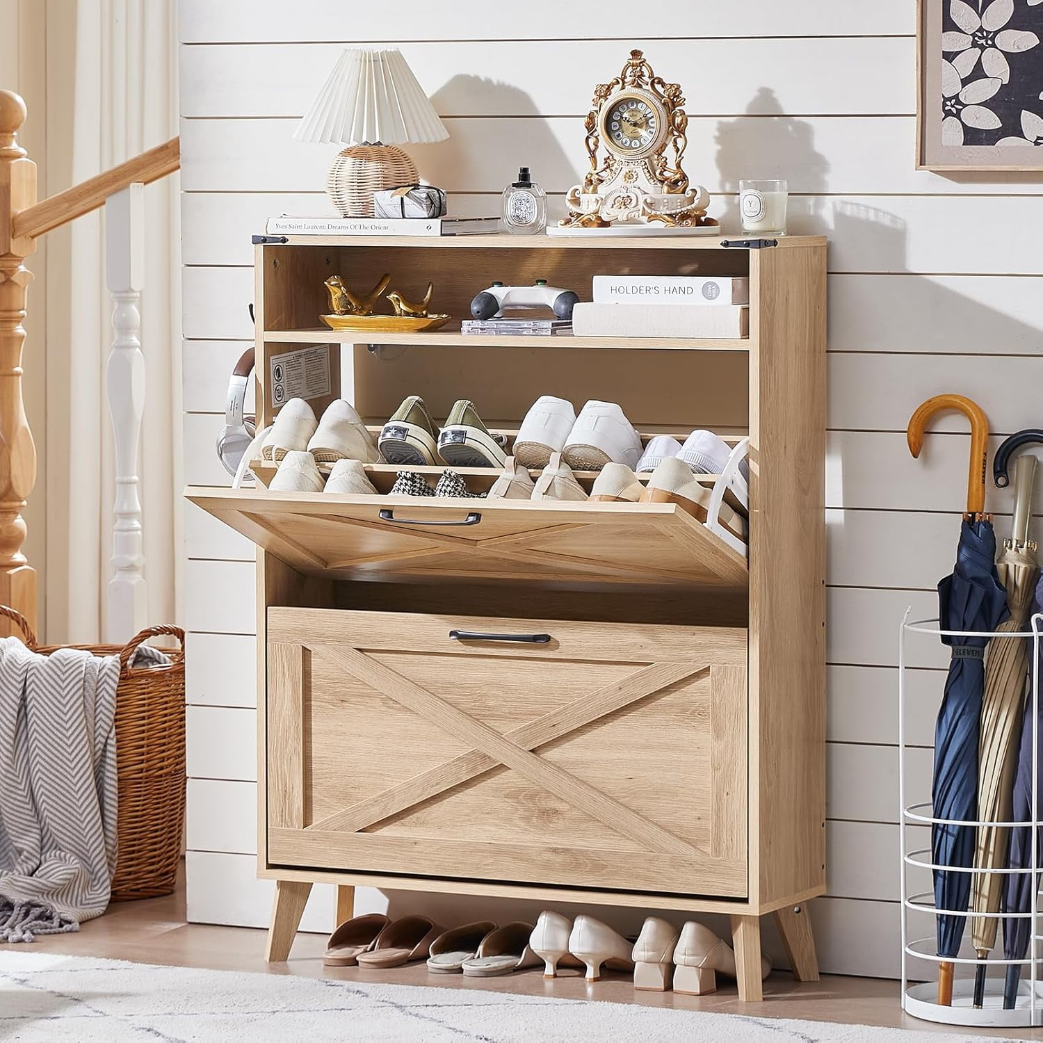 Shoe Storage Cabinet with 2 Flip Drawers, Boho Shoes Organizer for ...