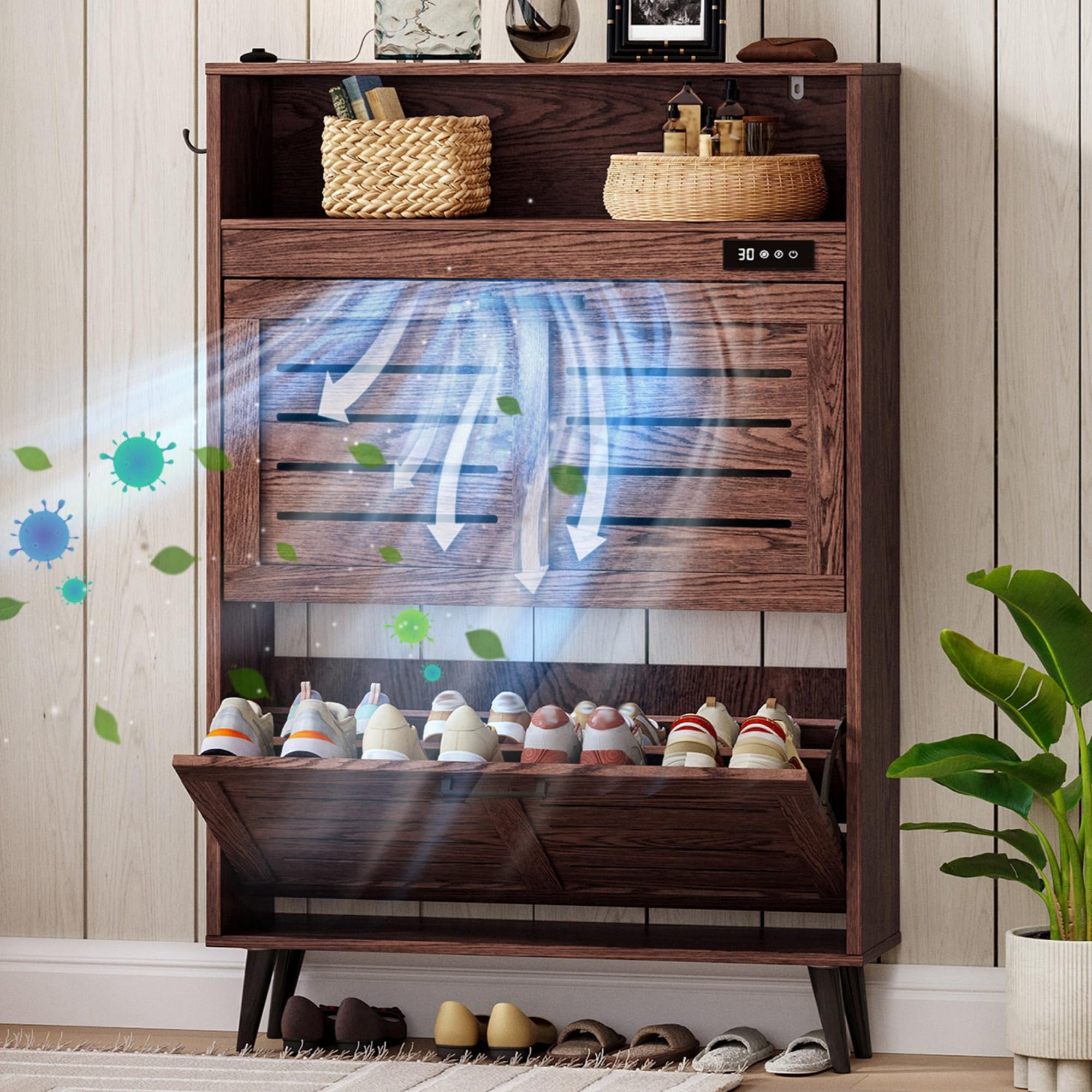 Shoe Storage Cabinet with 2 Flip Drawers, Deodorizing Shoe Cabinet ...