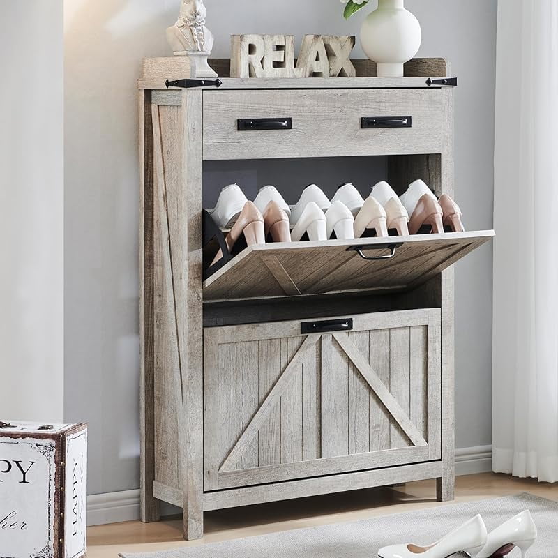 Shoe Storage Cabinet with 2 Flip Drawers, Farmhouse Entryway Shoe ...