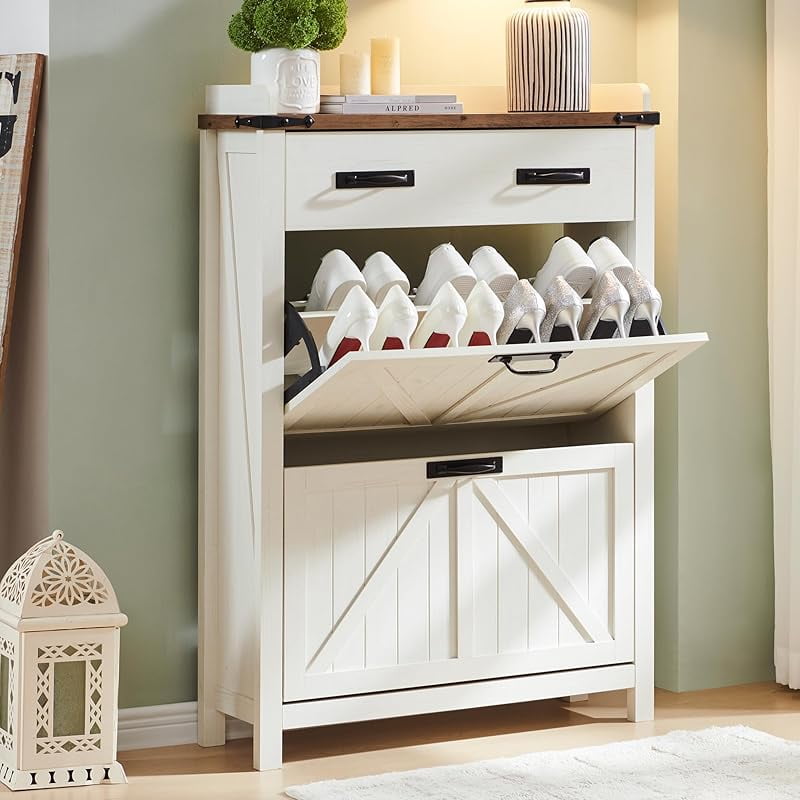 Shoe Storage Cabinet with 2 Flip Drawers, Farmhouse Entryway Shoe ...