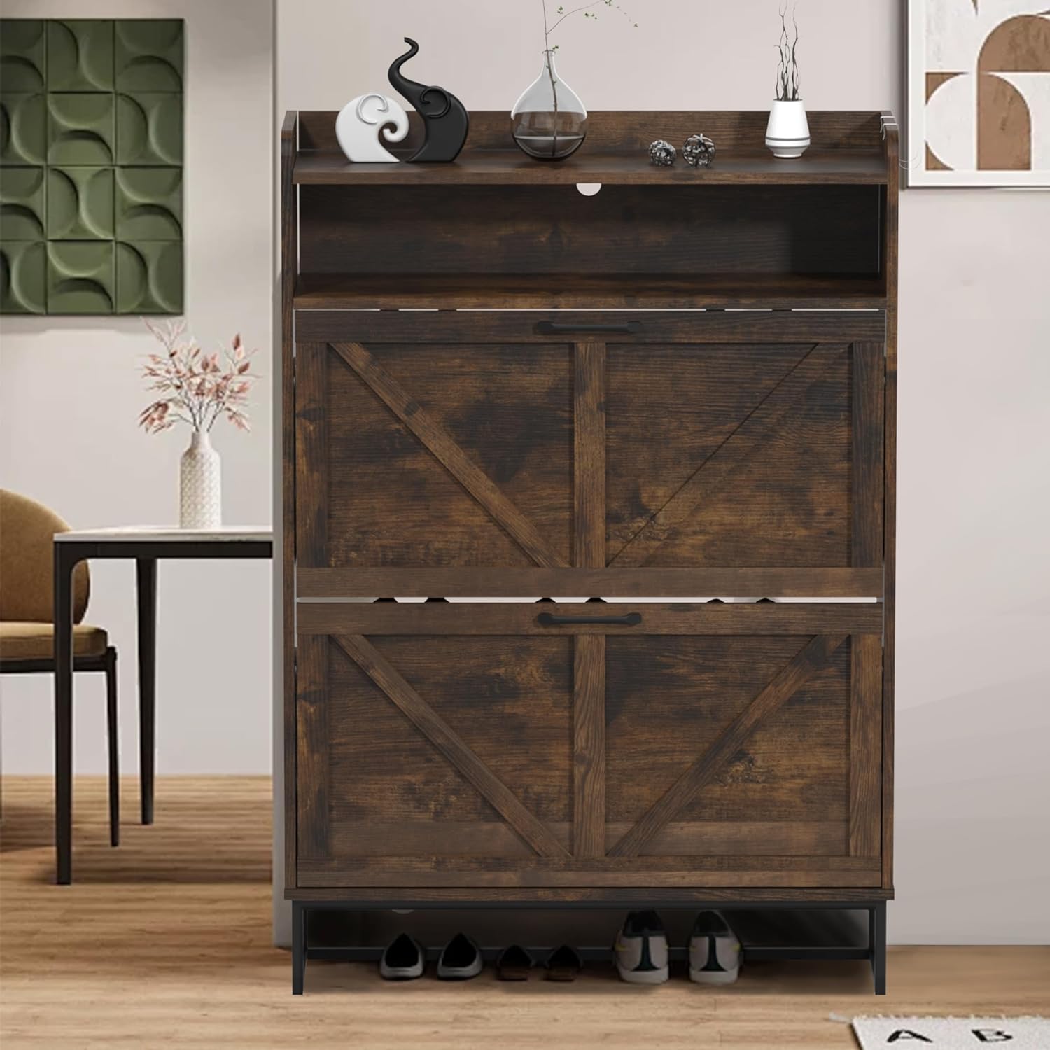Shoe Storage Cabinet with 2 Flip Drawers, Farmhouse Freestanding Shoe ...