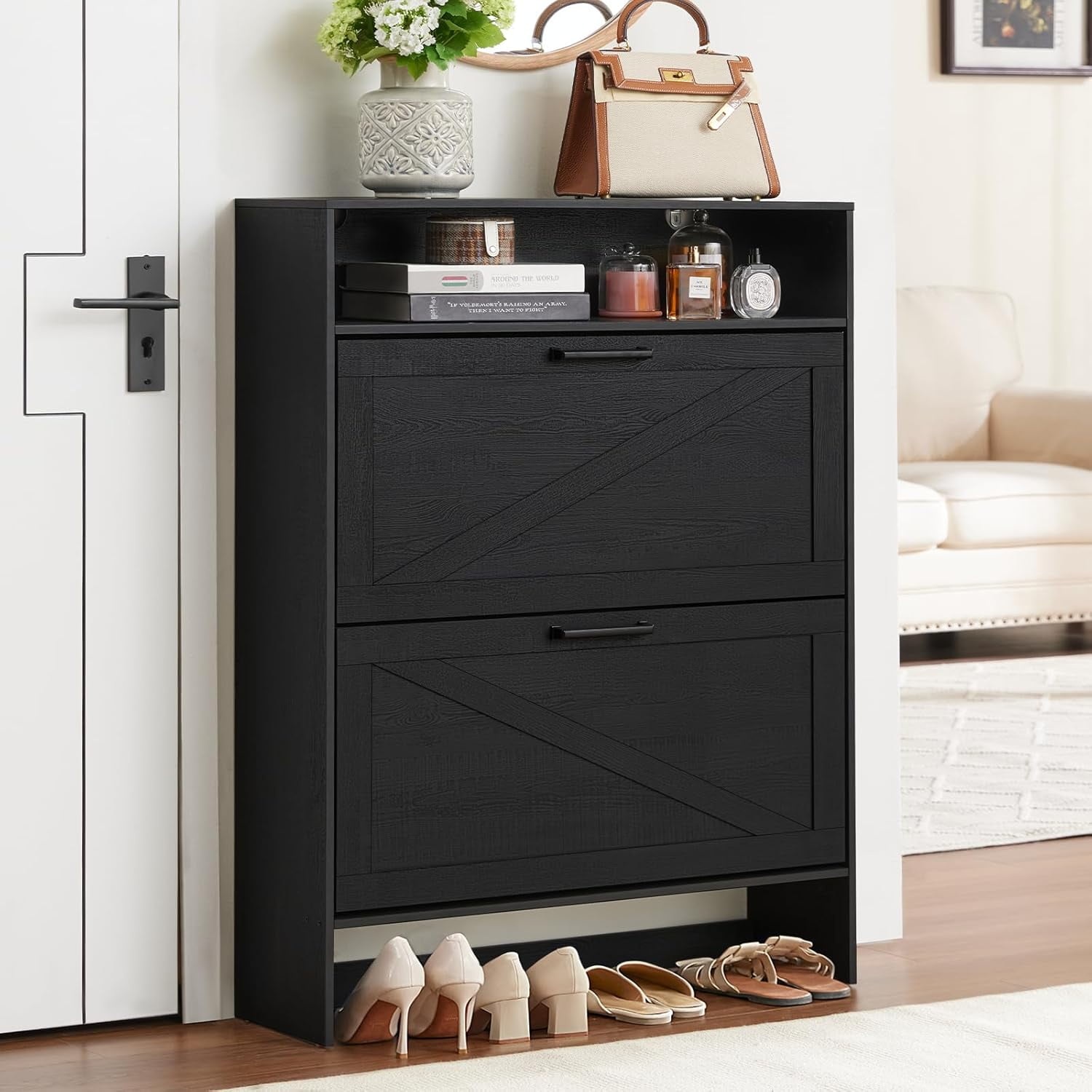 Shoe Storage Cabinet with 2 Flip Drawers Farmhouse Narrow Shoe ...