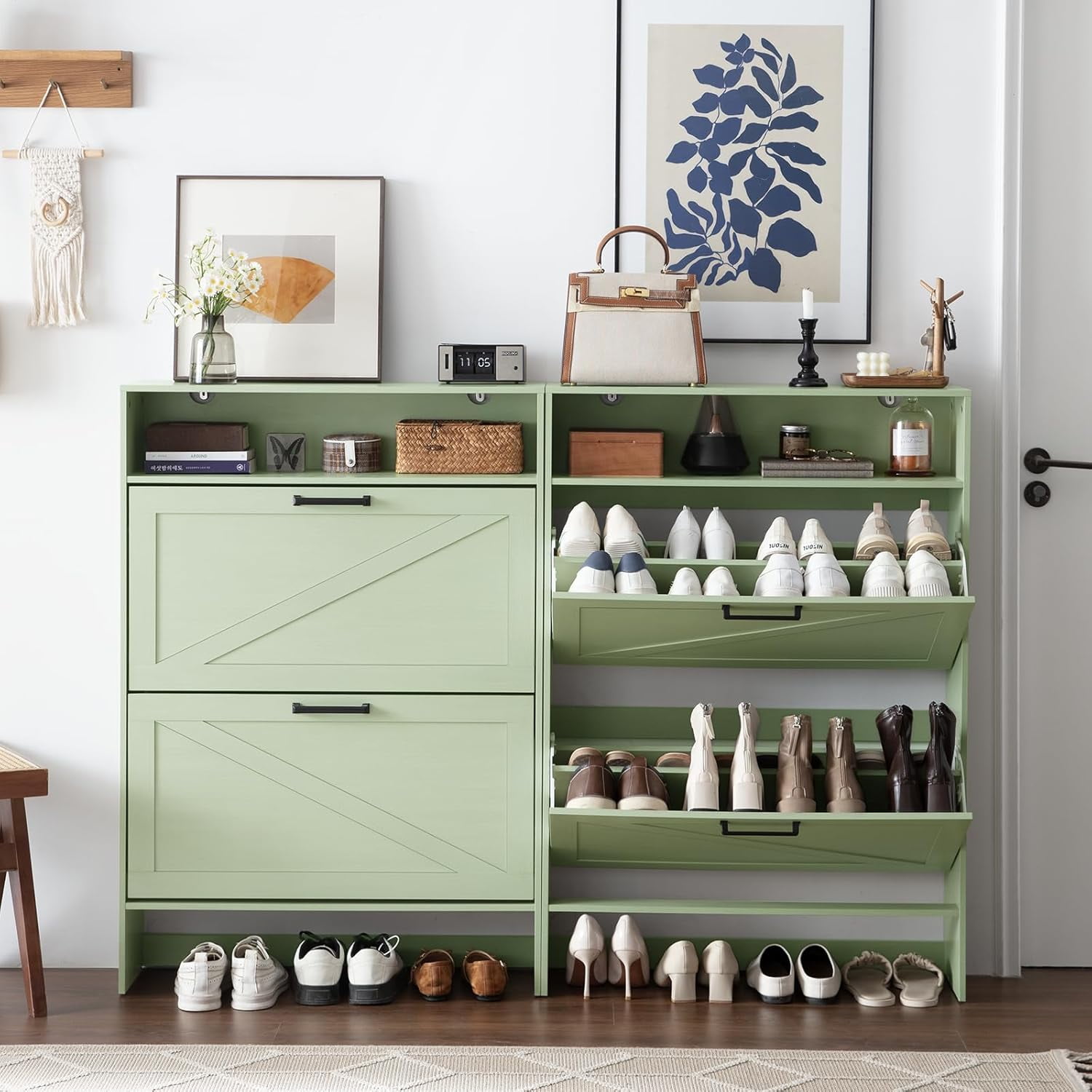 Shoe Storage Cabinet with 2 Flip Drawers Farmhouse Narrow Shoe ...