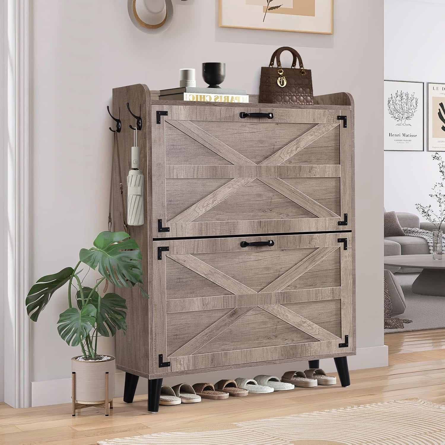 Shoe Storage Cabinet with 2 Flip Drawers, Farmhouse Shoe Cabinet with ...