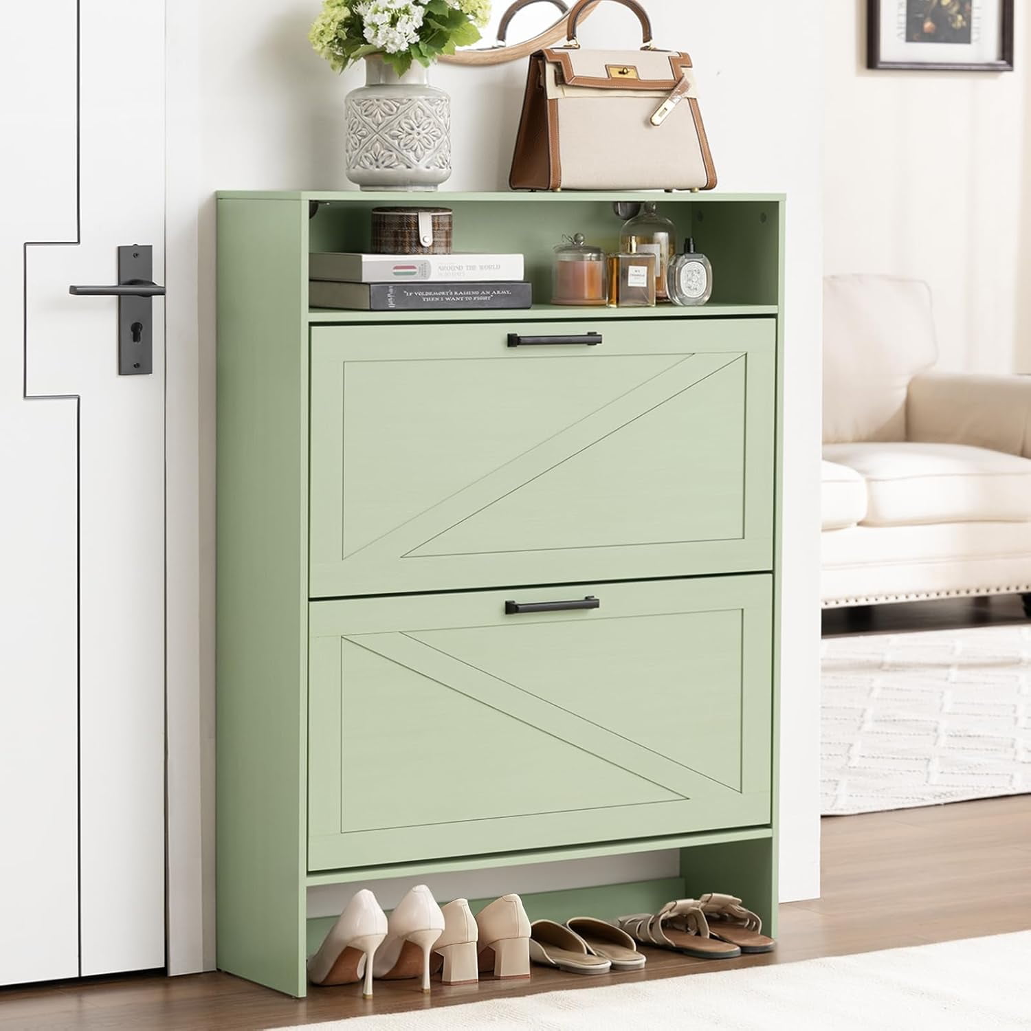 Shoe Storage Cabinet with 2 Flip Drawers,Farmhouse Shoe Organizer with ...