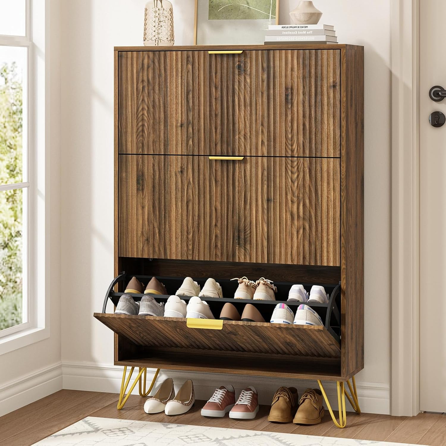 Shoe Storage Cabinet with 2 Flip Drawers Fluted Shoe Cabinet Storage ...