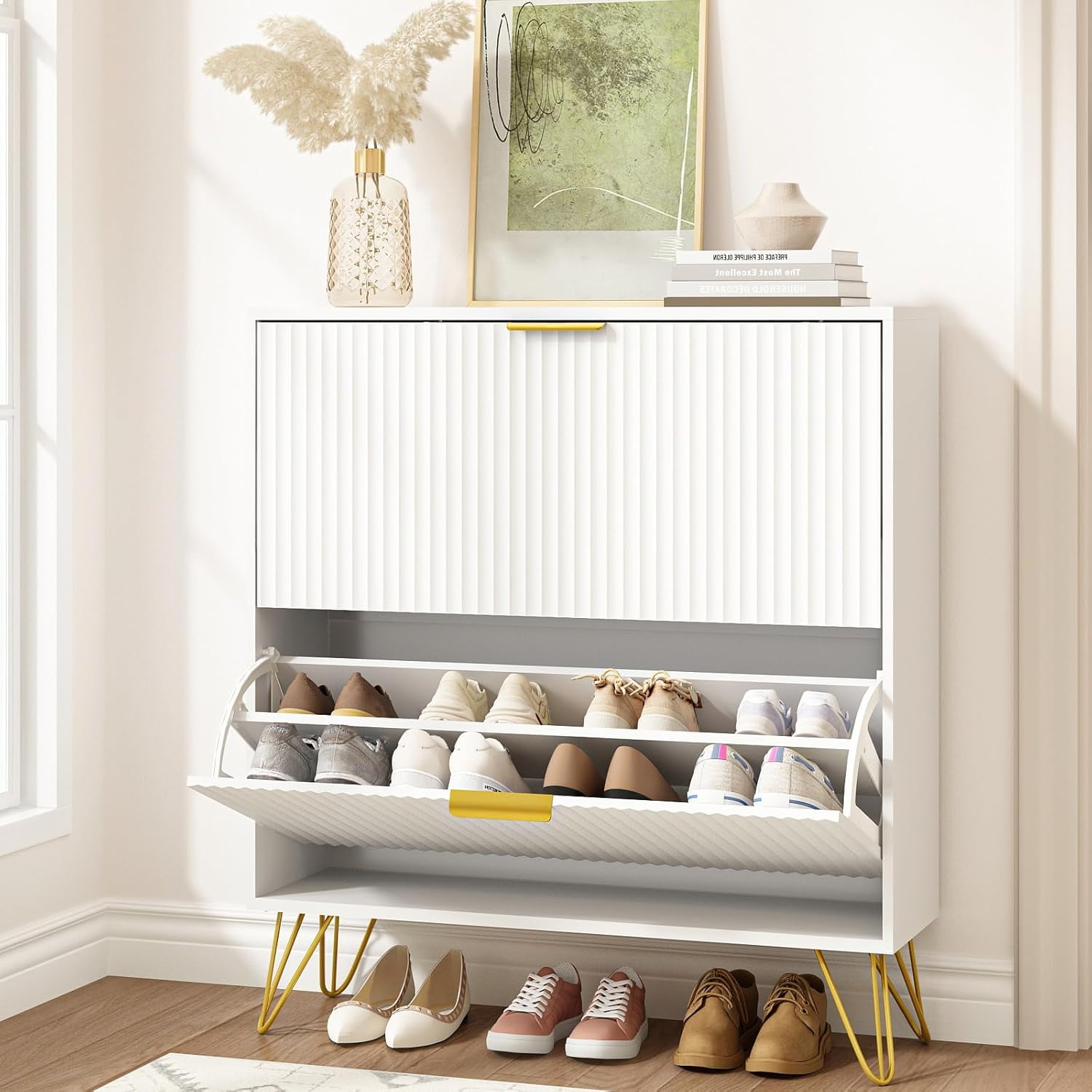 Shoe Storage Cabinet with 2 Flip Drawers, Fluted White Shoe Cabinet ...