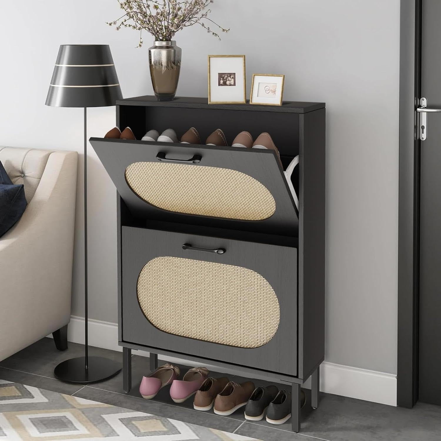 Shoe Storage Cabinet with 2 Flip Drawers, Freestanding Narrow Shoe Rack ...