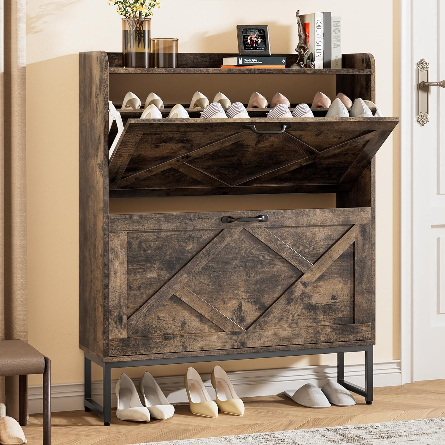 Shoe Storage Cabinet with 2 Flip Drawers, Freestanding Shoe Organizer ...