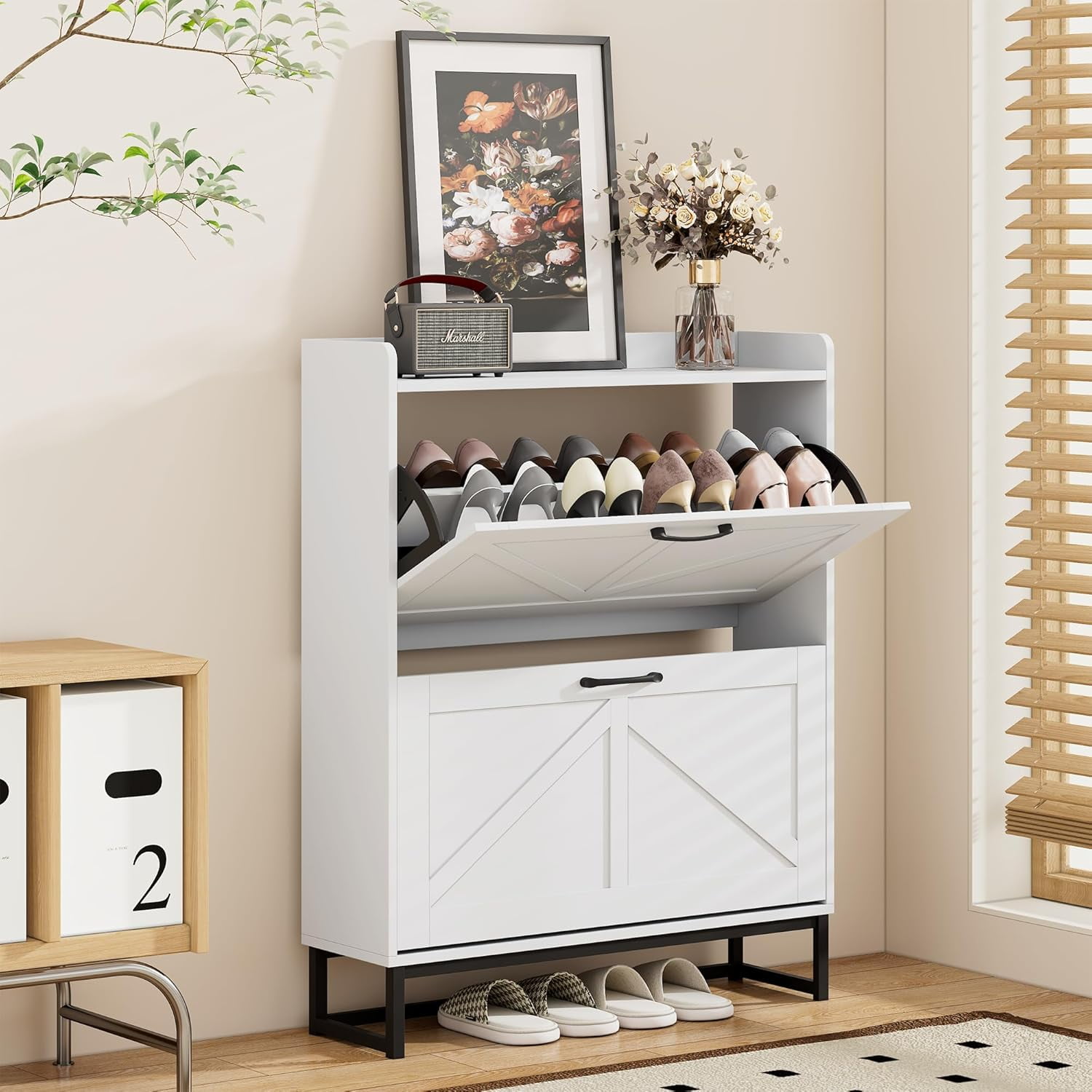 Shoe Storage Cabinet with 2 Flip Drawers, Freestanding Shoe Rack for ...