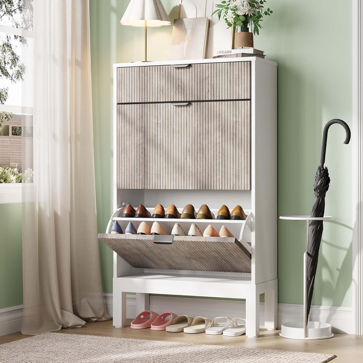 Shoe Storage Cabinet with 2 Flip Drawers & Large Drawer, Farmhouse ...