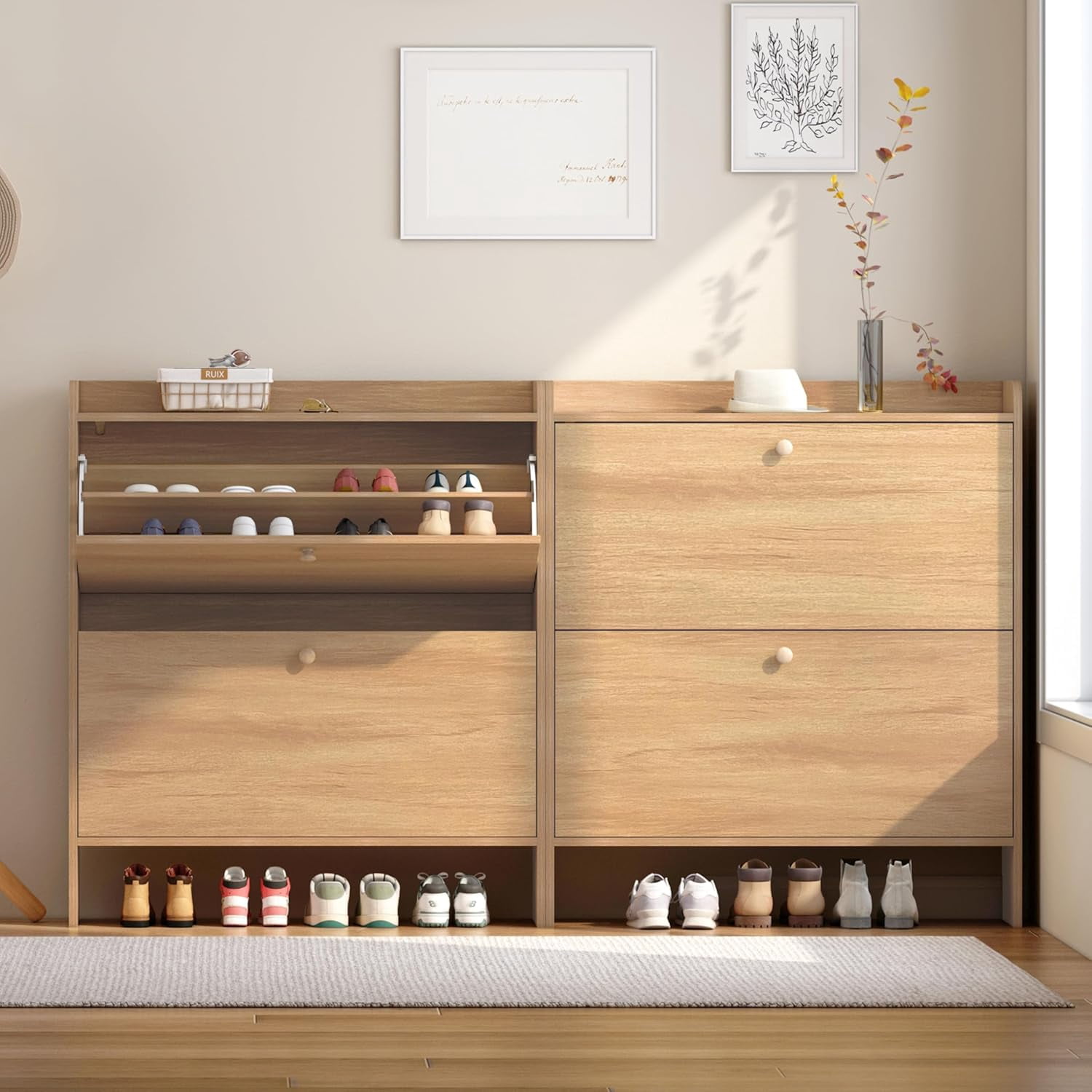 Shoe Storage Cabinet with 2 Flip Drawers Set of 2, Narrow Shoe Rack ...