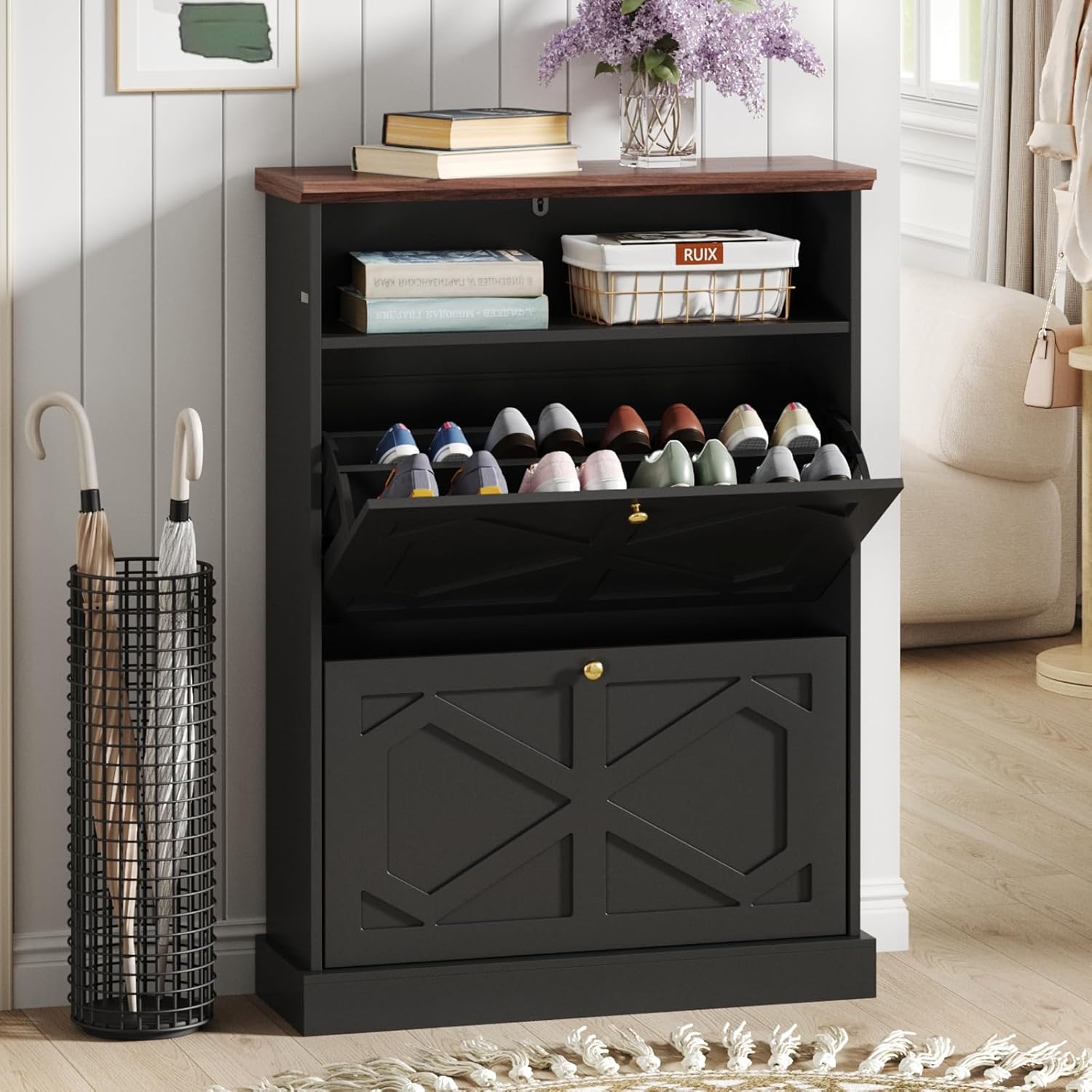 Shoe Storage Cabinet with 2 Flip Drawers,Shoe Cabinet with Open Storage ...