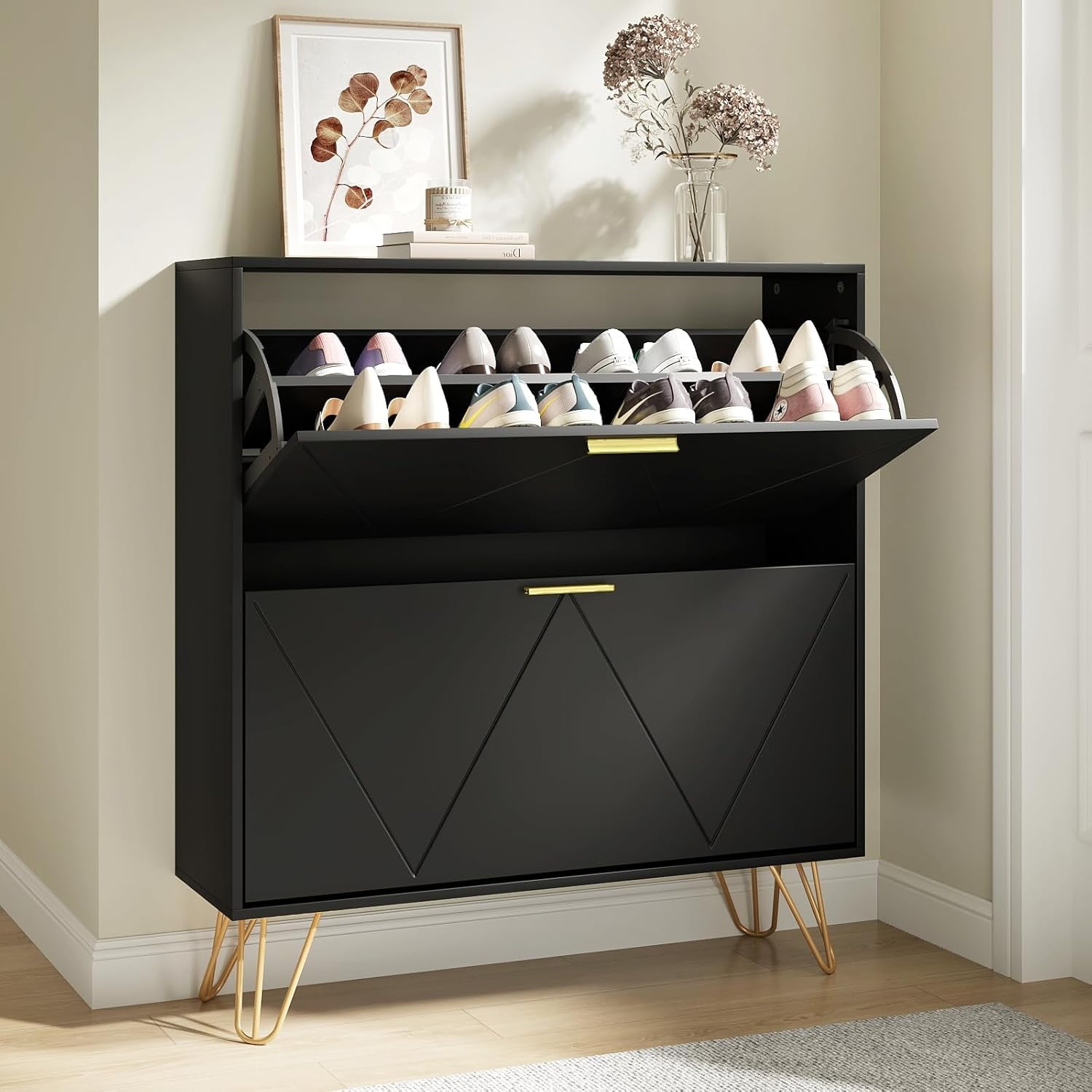 Shoe Storage Cabinet with 2 Flip Drawers, Shoe Cabinet Storage Entryway ...