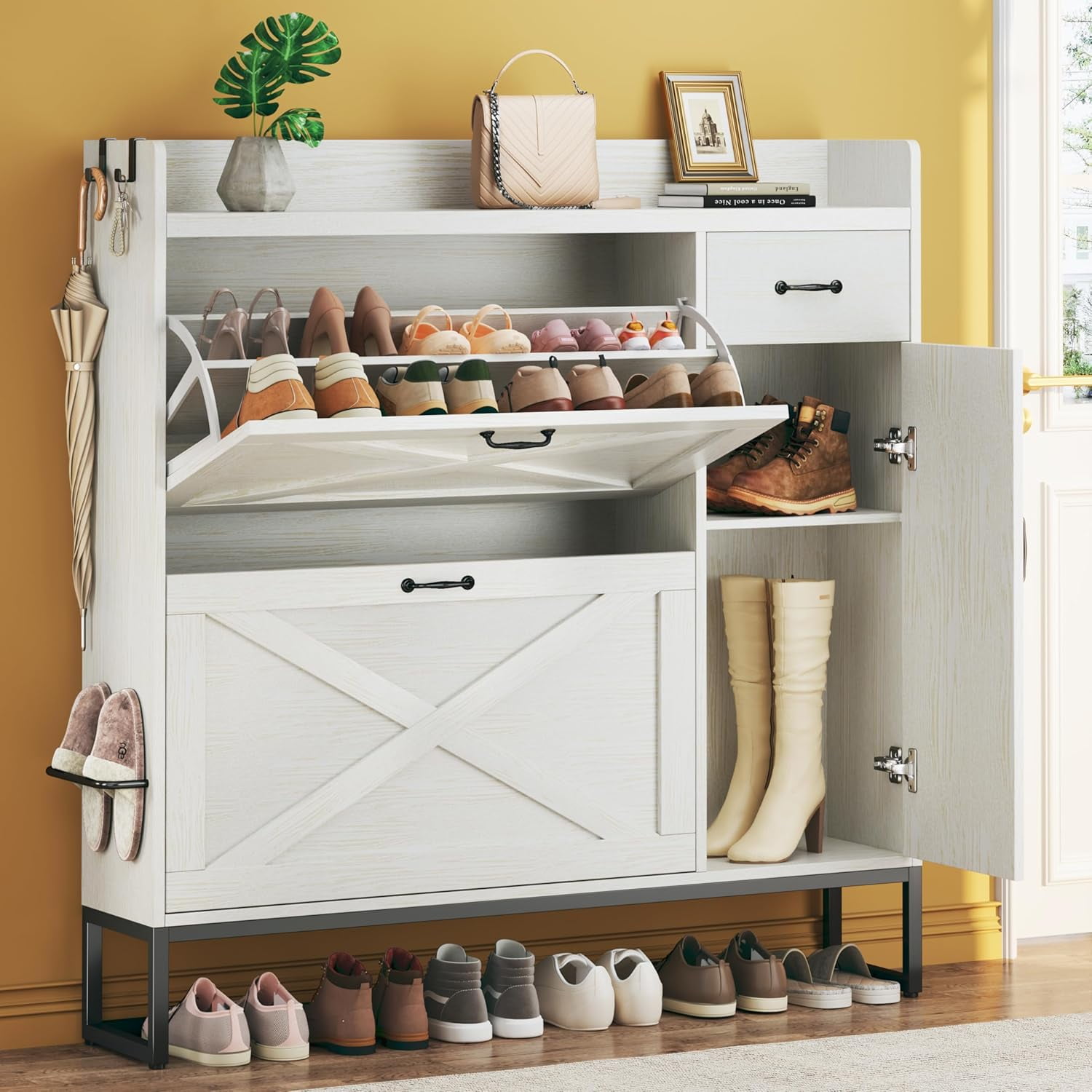 Shoe Storage Cabinet with 2 Flip Drawers & Side Cabinet & Drawer ...