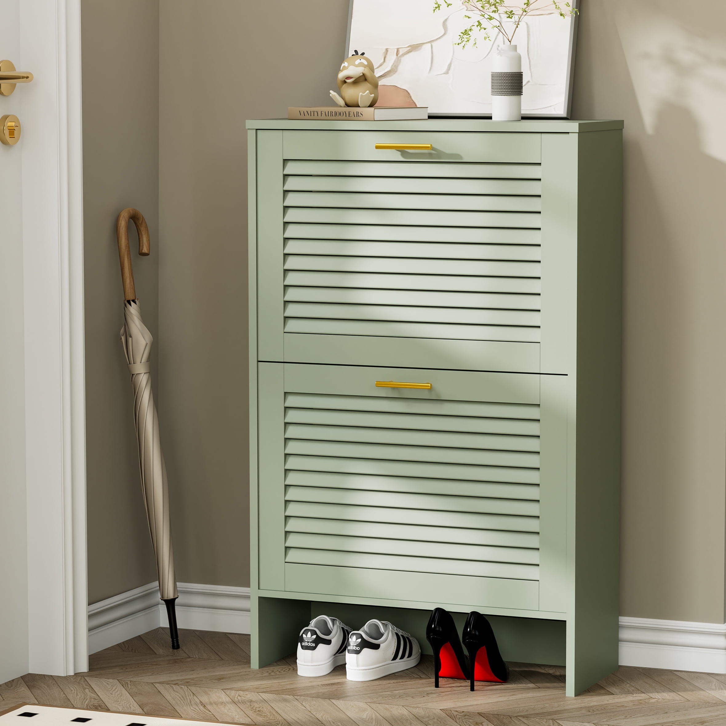 Glavbiku Shoe Storage Cabinet Louvered Doors 2 Flip Drawers Slim ...