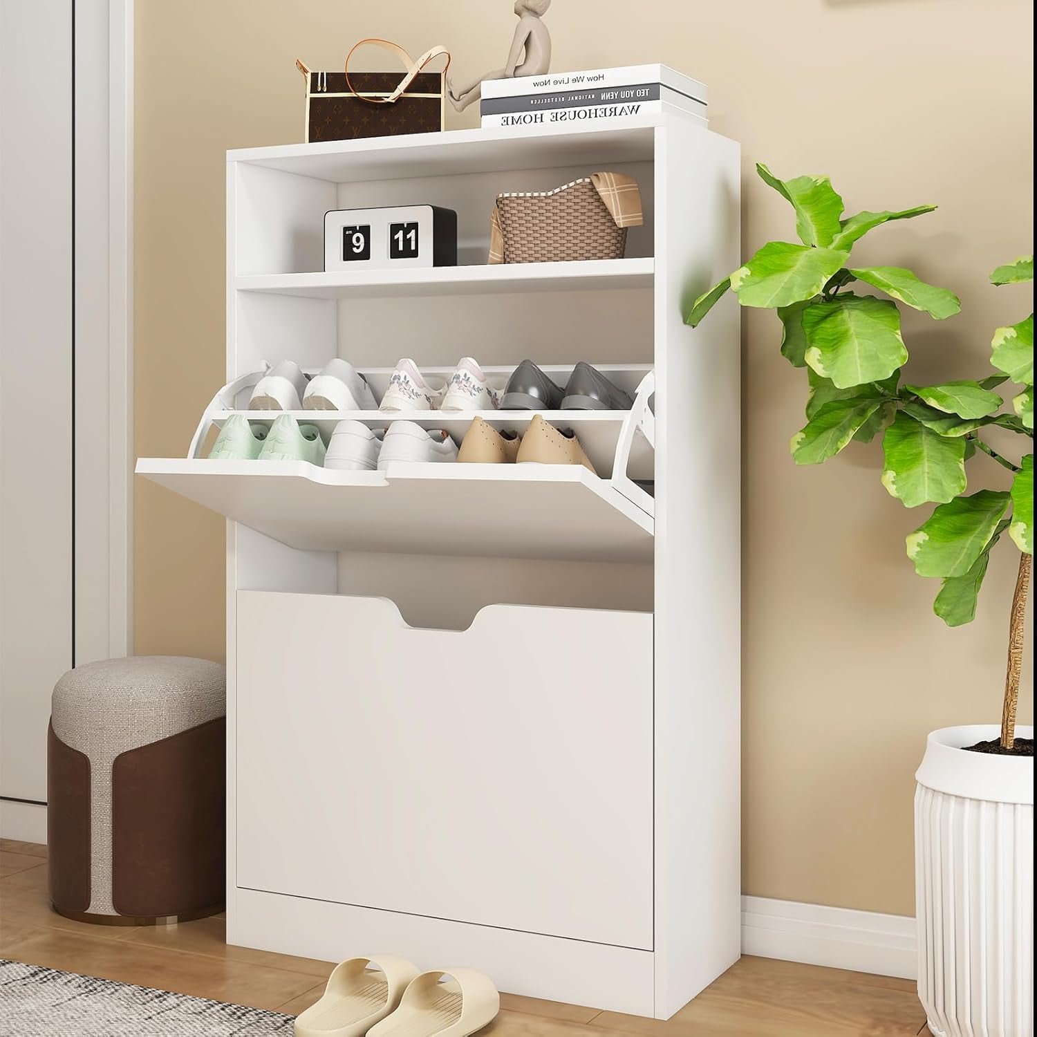 Shoe Storage Cabinet with 2 Flip Drawers, Slim Freestanding Storage ...