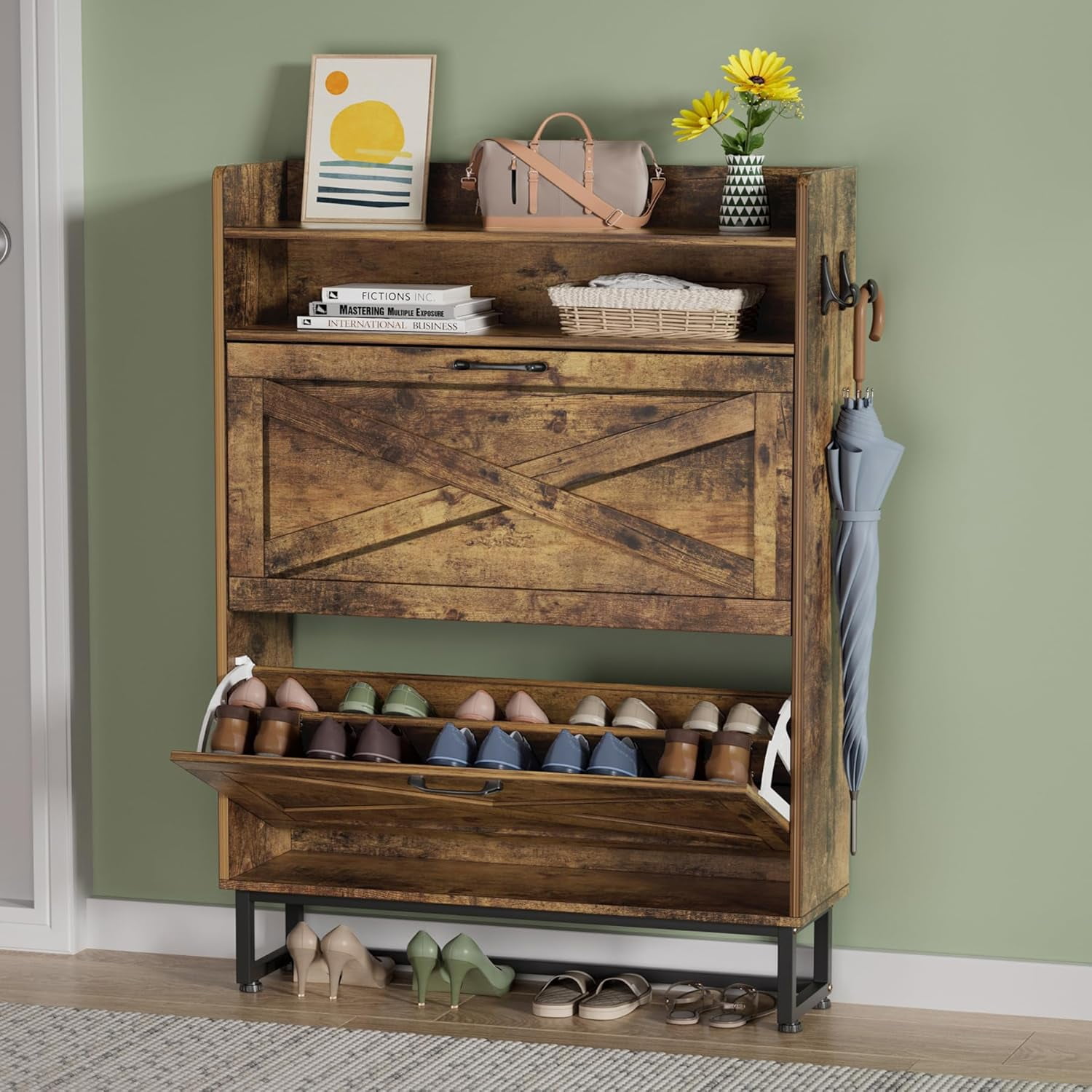 Shoe Storage Cabinet with 2 Flip Drawers Slim Shoe Cabinet for Entryway ...