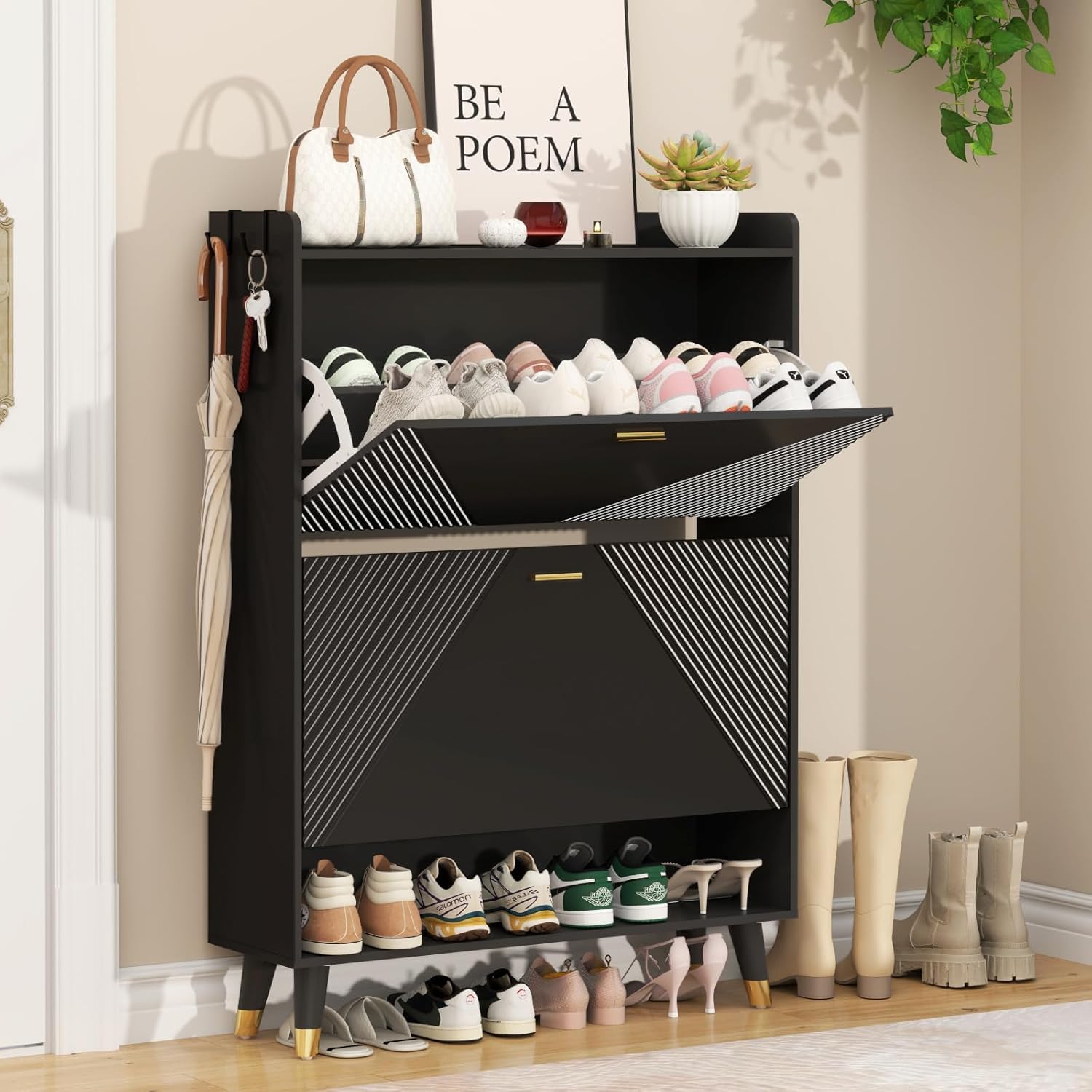 Shoe Storage Cabinet with 2 Flip Drawers Slim Wooden Freestanding Shoe ...