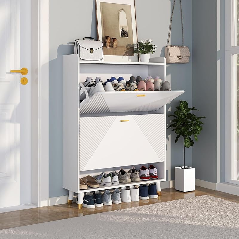 Shoe Storage Cabinet with 2 Flip Drawers, Slim Wooden Freestanding Shoe ...