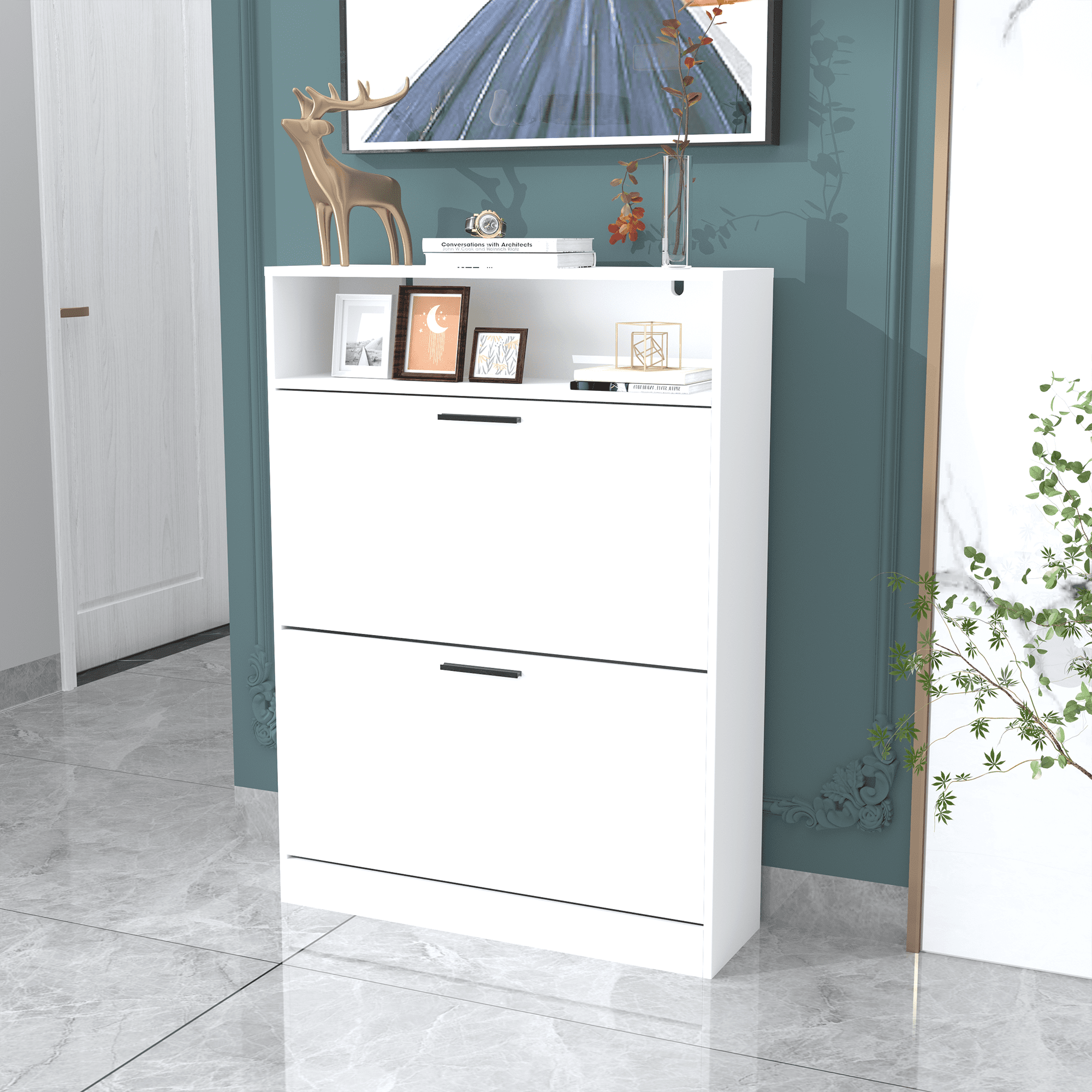 Shoe Storage Cabinet with 2 Flip Drawers, Sturdy Wood Hidden Shoe ...
