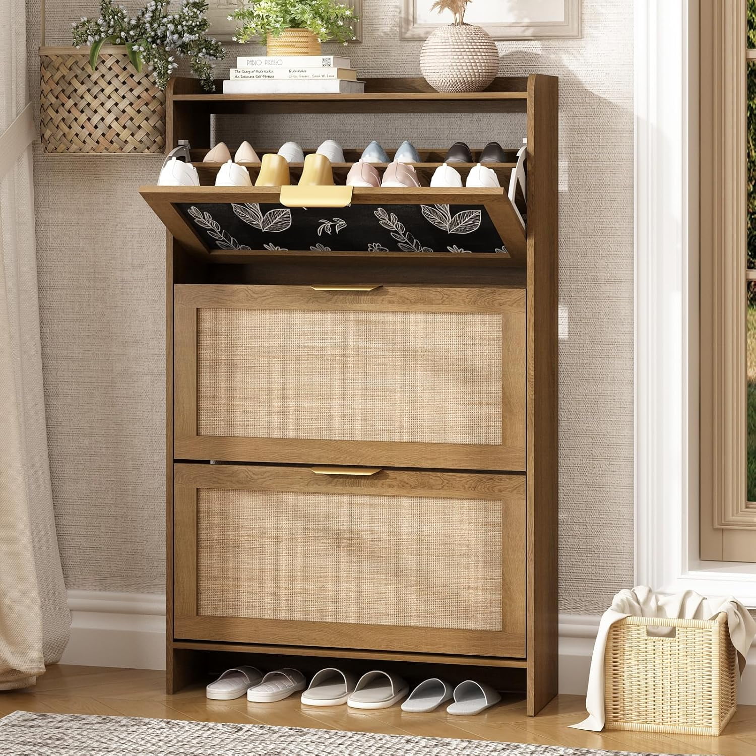 Shoe Storage Cabinet with 2 Flip Drawers & 2 Drawers Freestanding ...