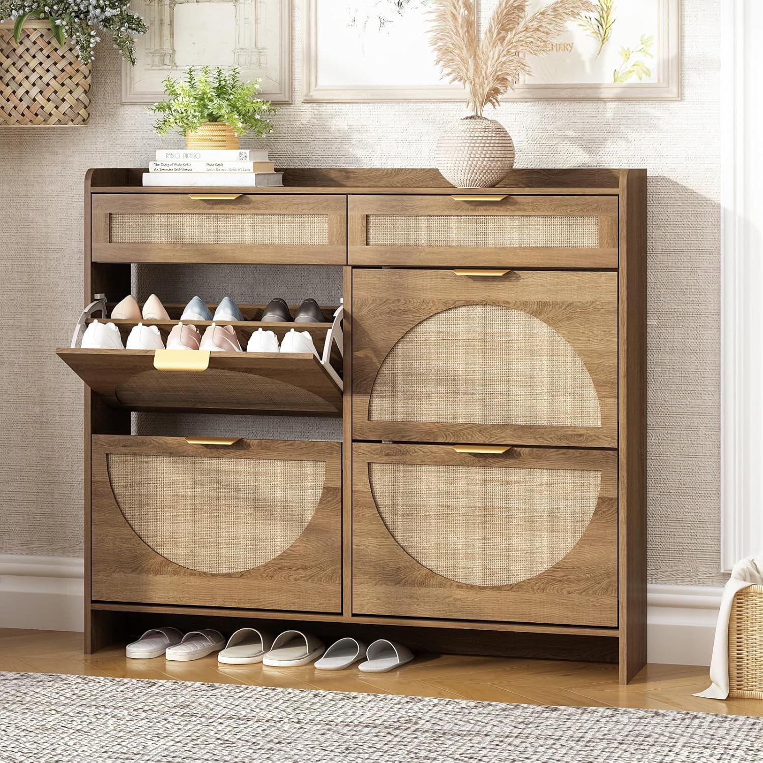 Shoe Storage Cabinet with 2 Flip Drawers & 2 Drawers Freestanding ...