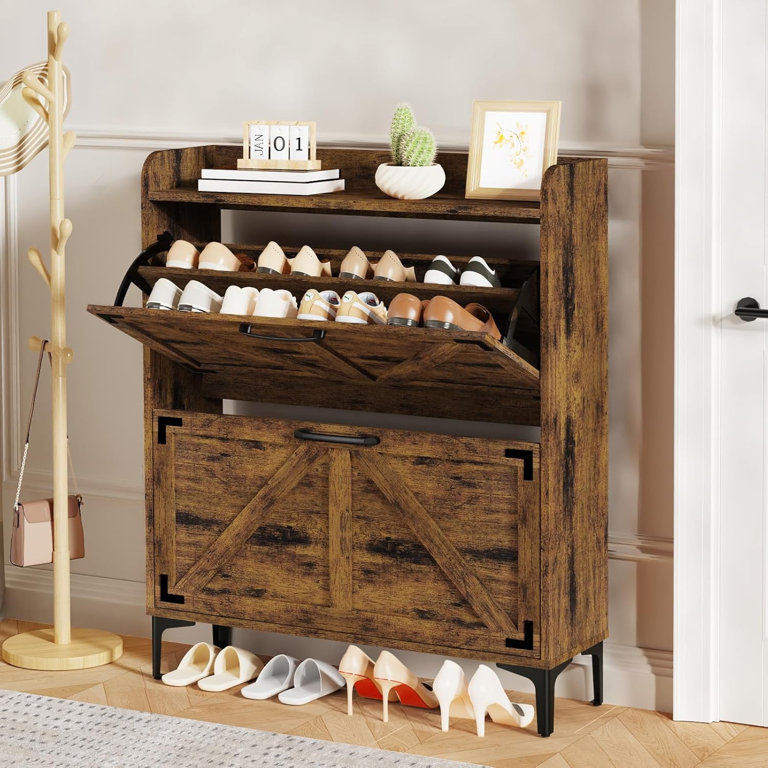 Shoe Storage Cabinet with 2 Flip Drawers & 2 Drawers Shoe Cabinet ...