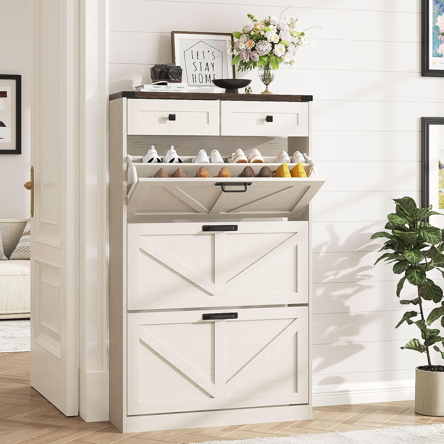 Shoe Storage Cabinet with 2 Flip Drawers & 2 Drawers Shoe Cabinet ...