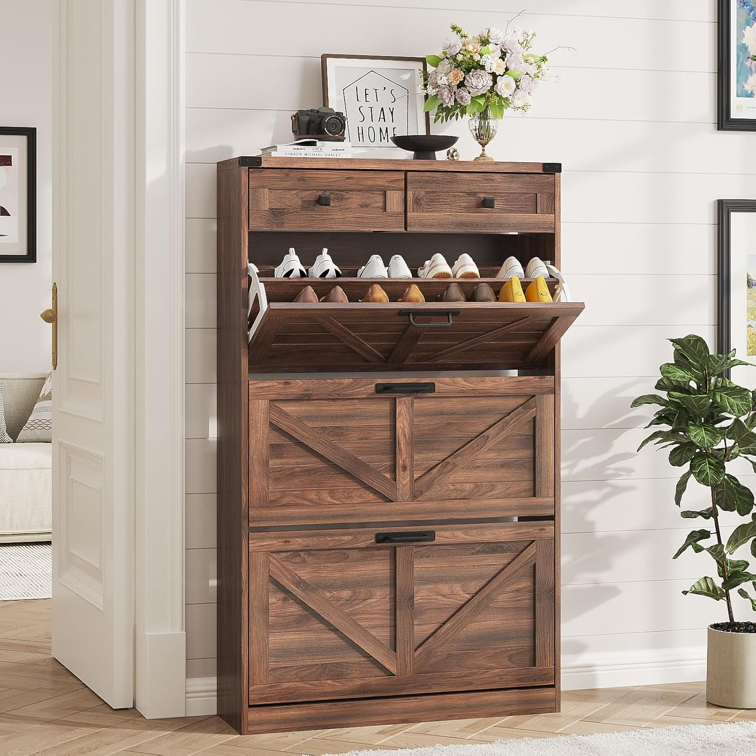 Shoe Storage Cabinet with 2 Flip Drawers & 2 Drawers Shoe Cabinet ...