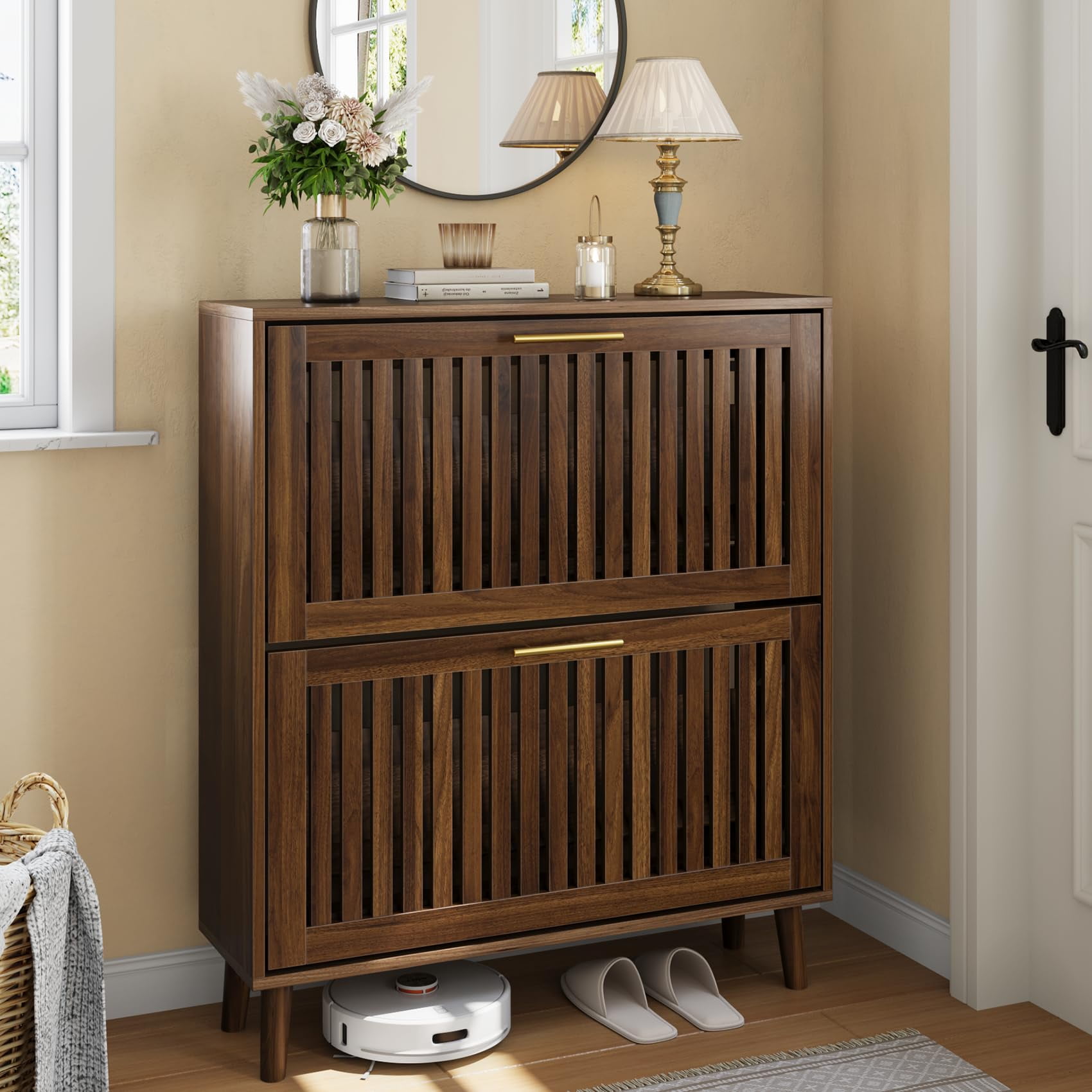 Shoe Storage Cabinet with 2 Flip Louvered Drawers, Narrow Wood Shoe ...