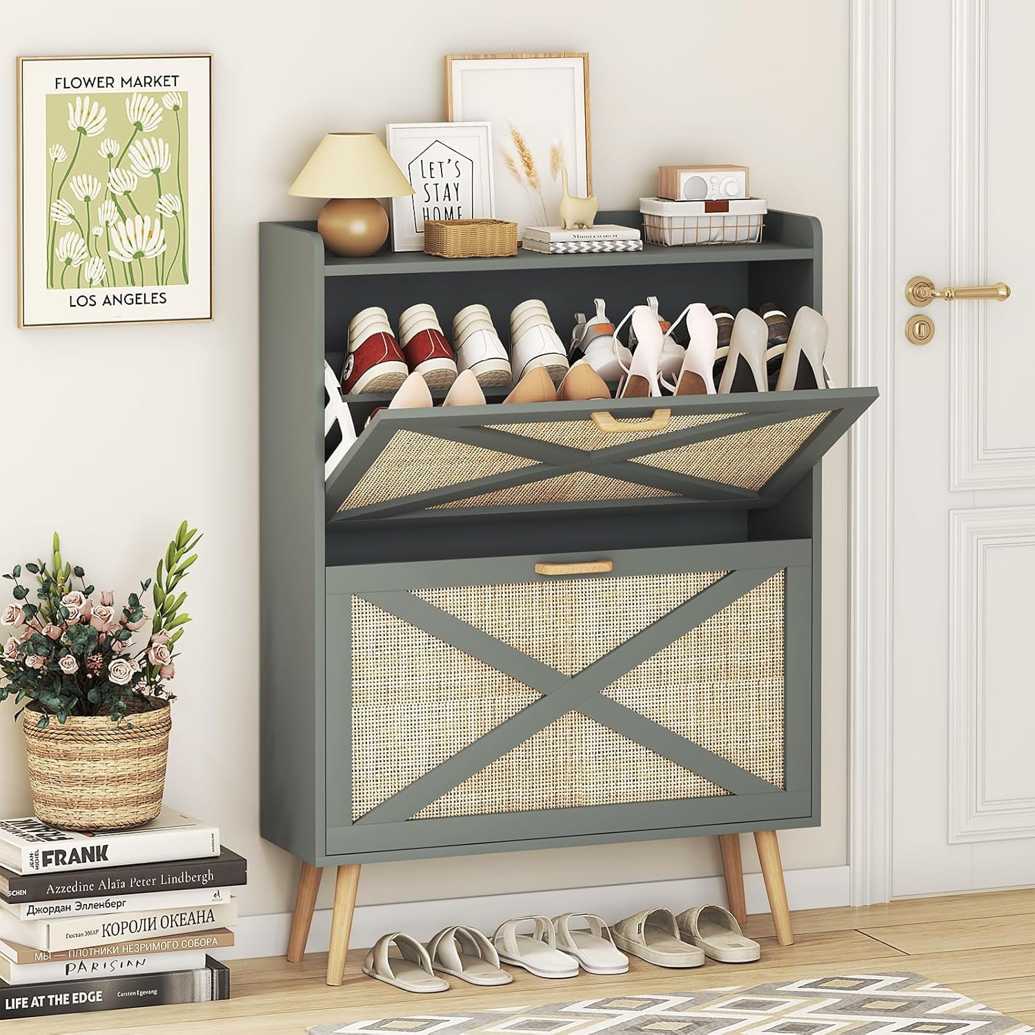 Shoe Storage Cabinet with 2 Rattan Flip Drawers, Freestanding Shoe Rack ...