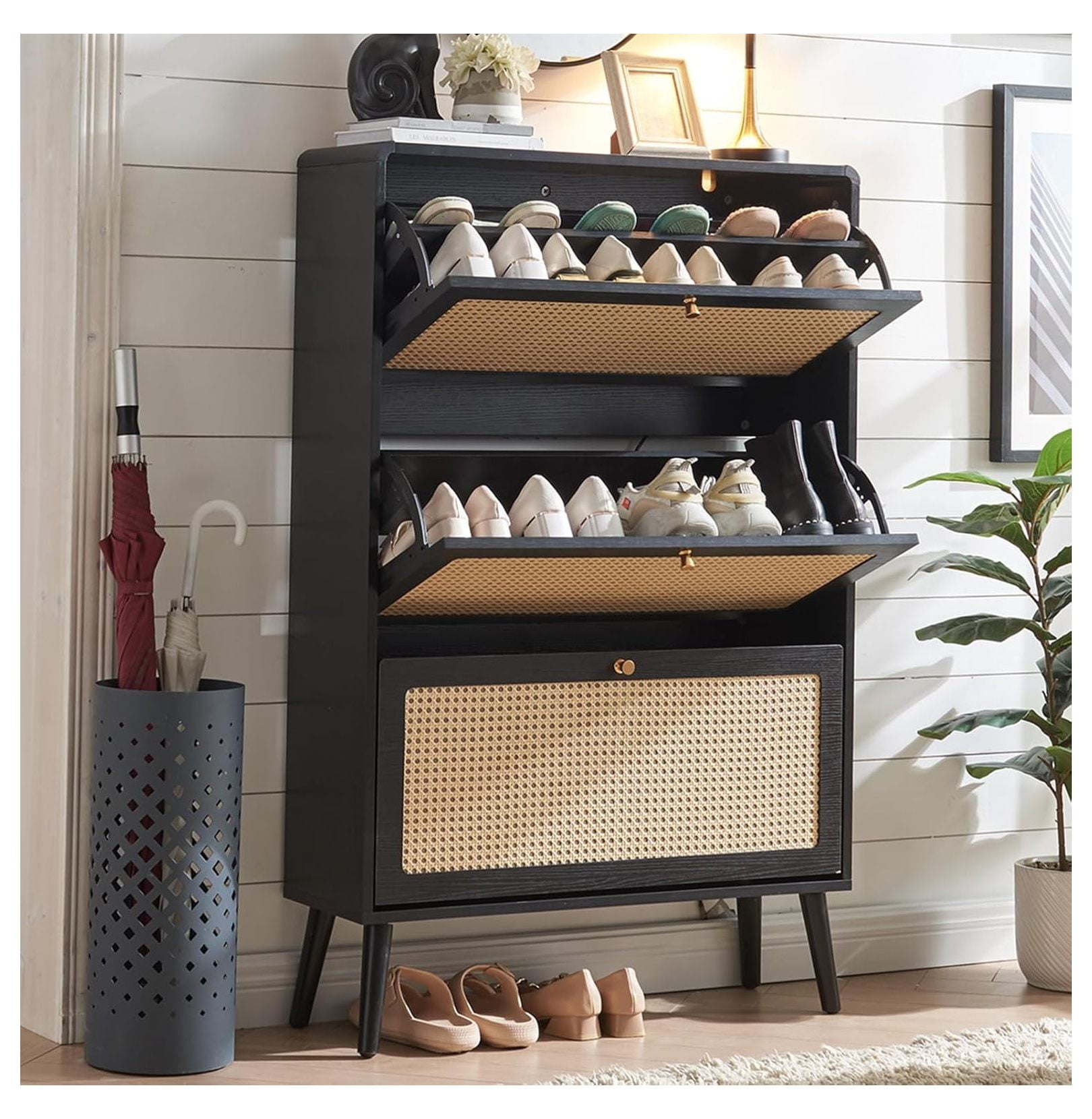 Shoe Storage Cabinet with 3 Drawer Natural Rattan Shoe Cabinet ...