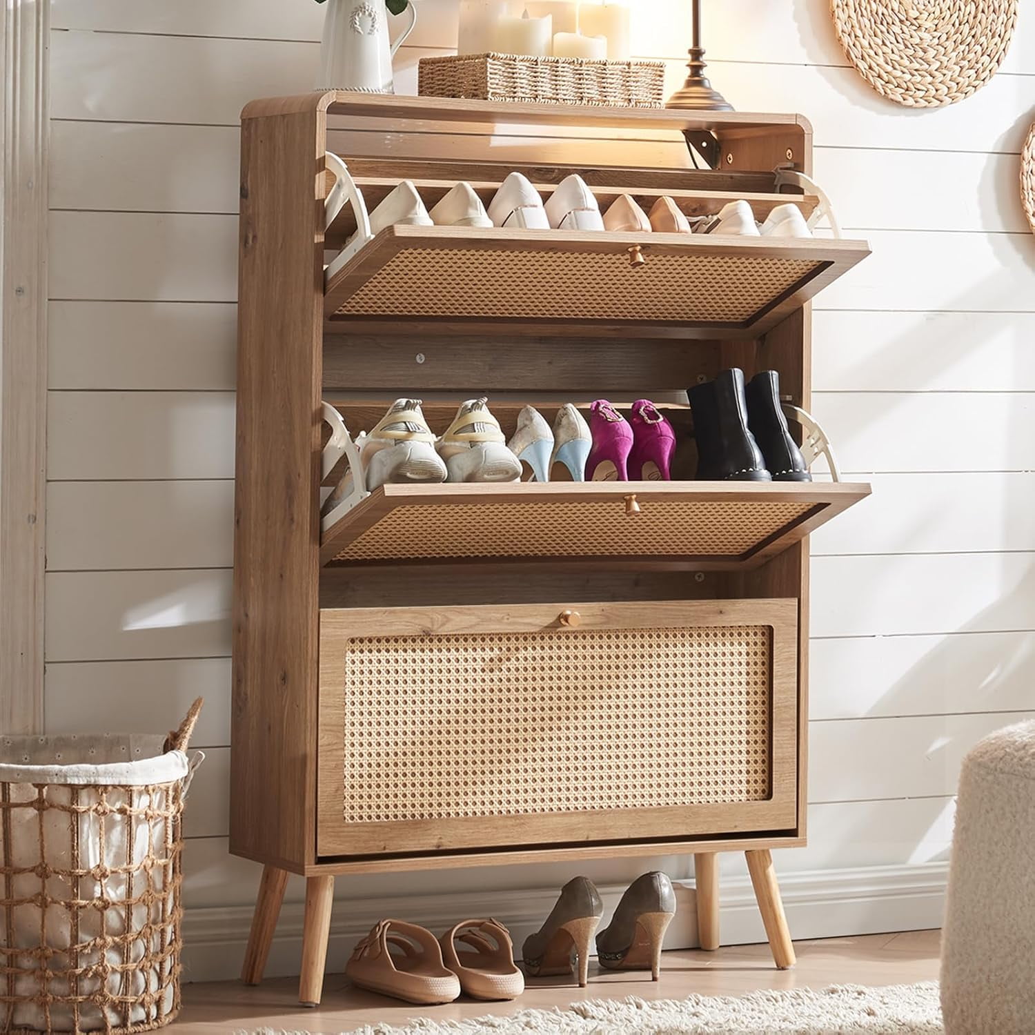 Shoe Storage Cabinet with 3 Flip Drawer Natural Rattan Shoe Cabinet ...