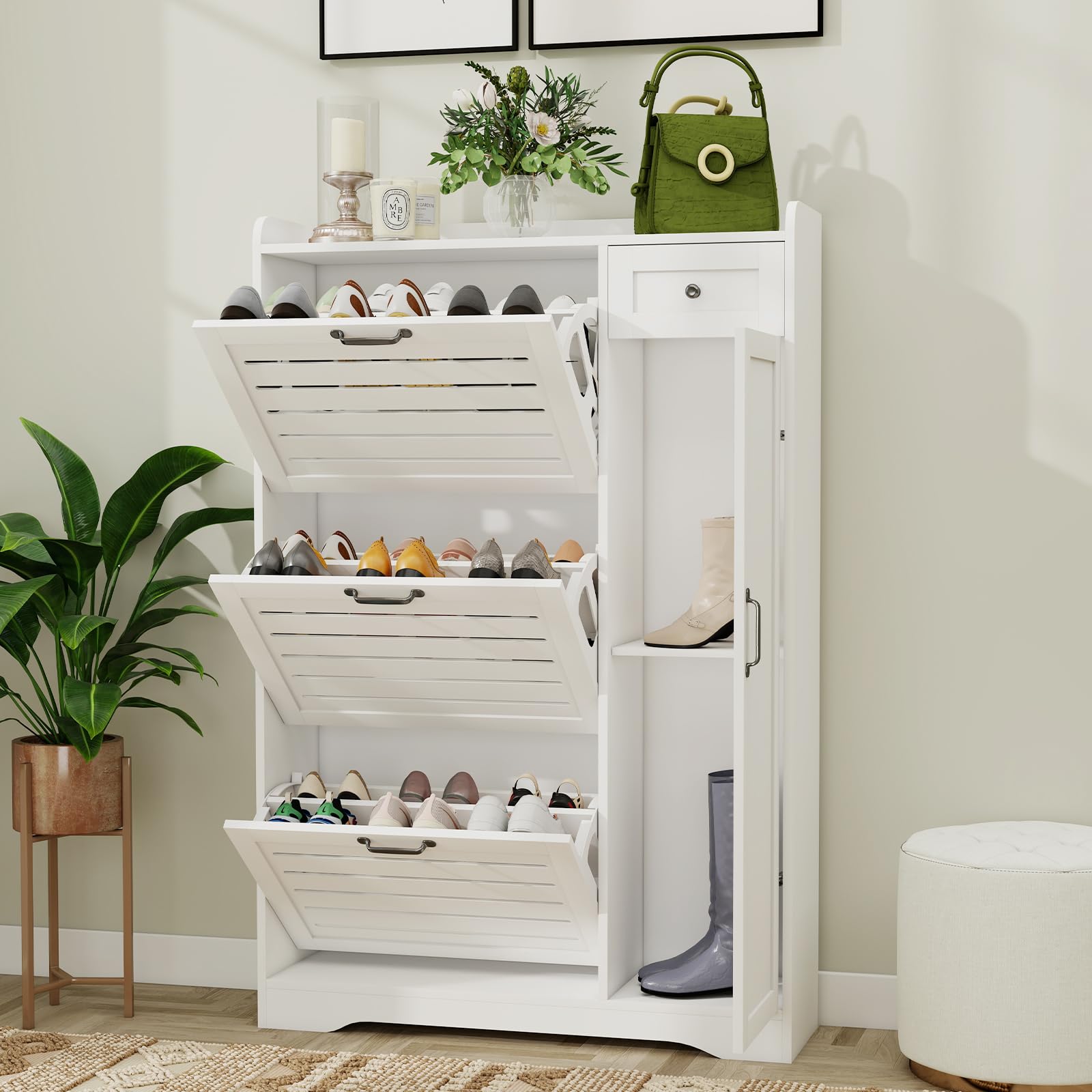 Shoe Storage Cabinet with 3 Flip Drawers, 0standing Hidden Wooden Shoe ...
