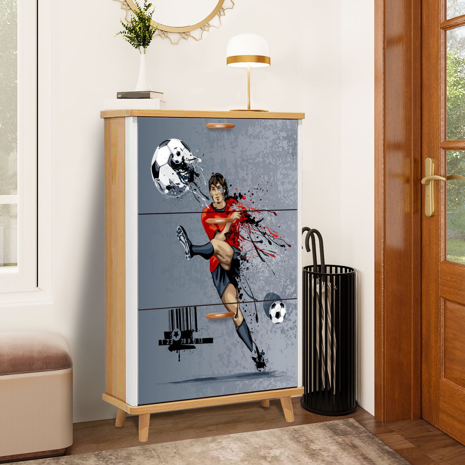 Shoe Storage Cabinet with 3 Flip Drawers for Entryway Abstract soccer ...