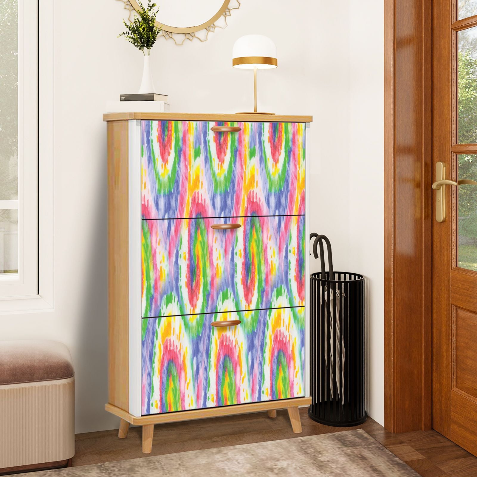 Shoe Storage Cabinet with 3 Flip Drawers for Entryway Hippie Tie Dye ...