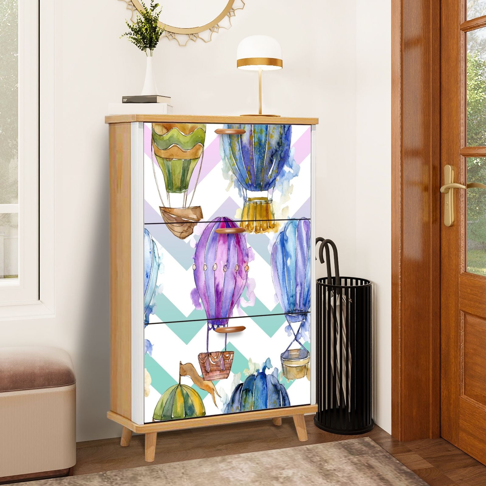 Shoe Storage Cabinet with 3 Flip Drawers for Entryway Hot air balloon ...