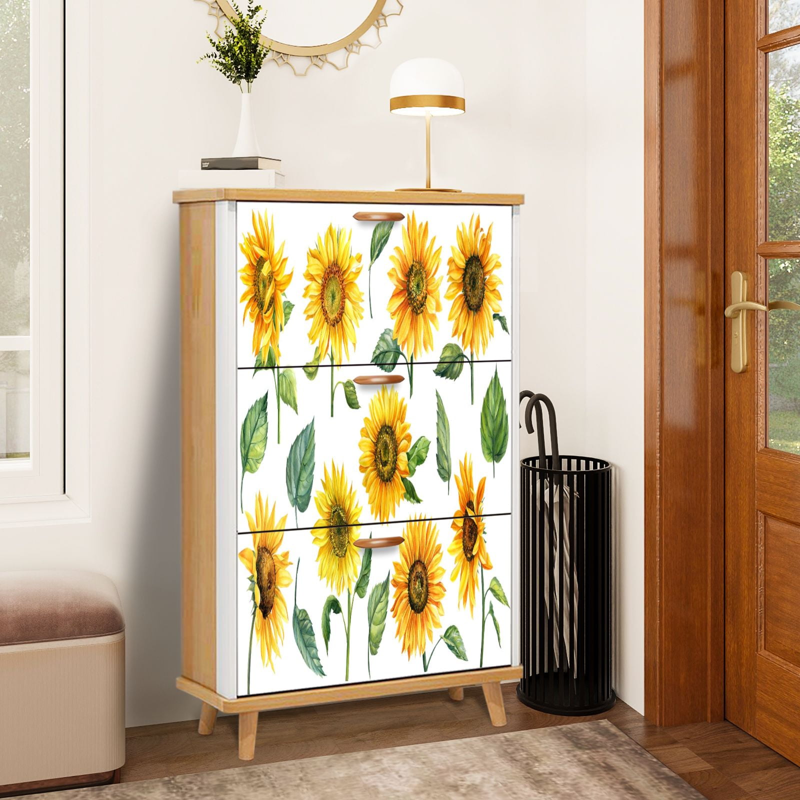Shoe Storage Cabinet with 3 Flip Drawers for Entryway Sunflowers white ...