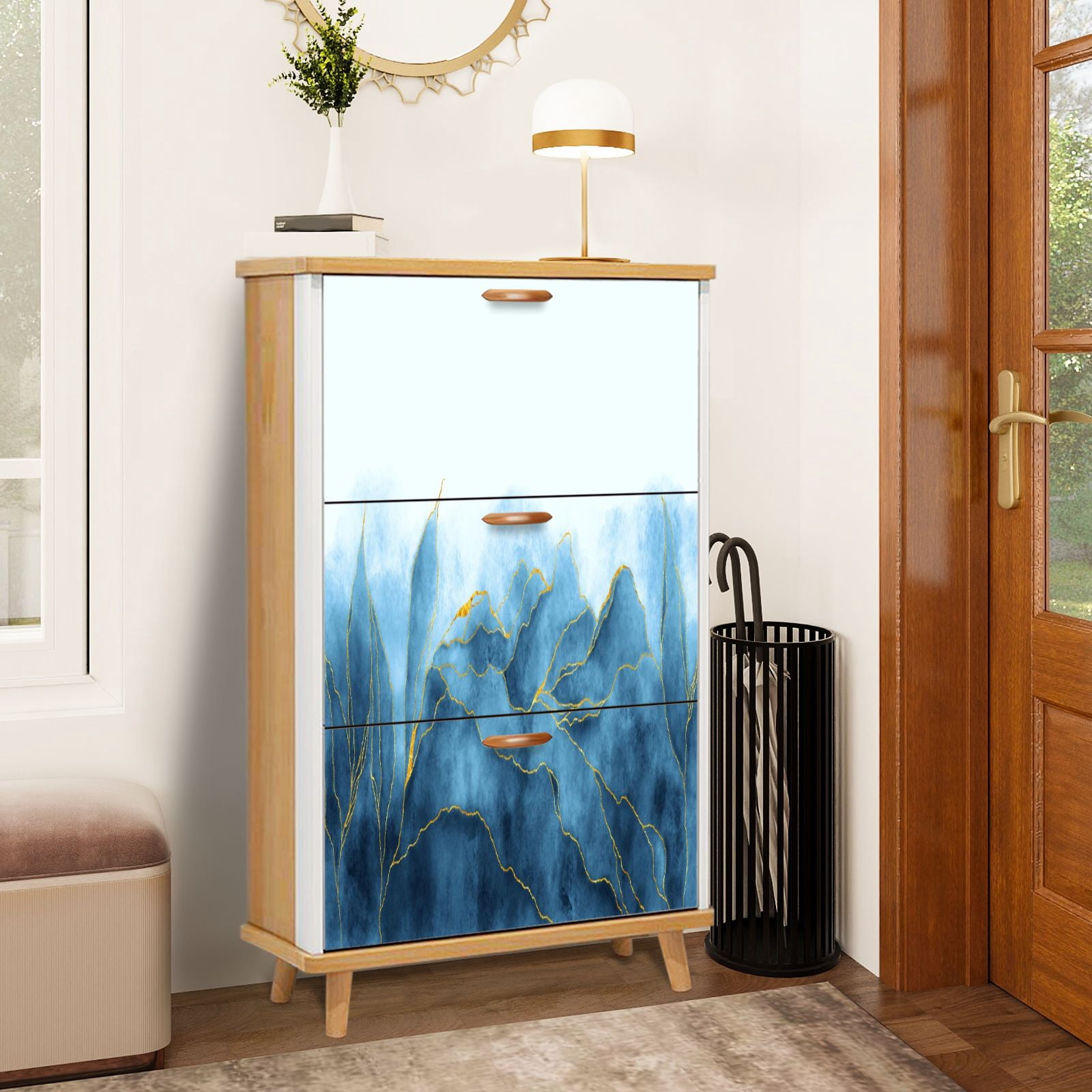 Shoe Storage Cabinet with 3 Flip Drawers for Entryway Watercolor drawn ...