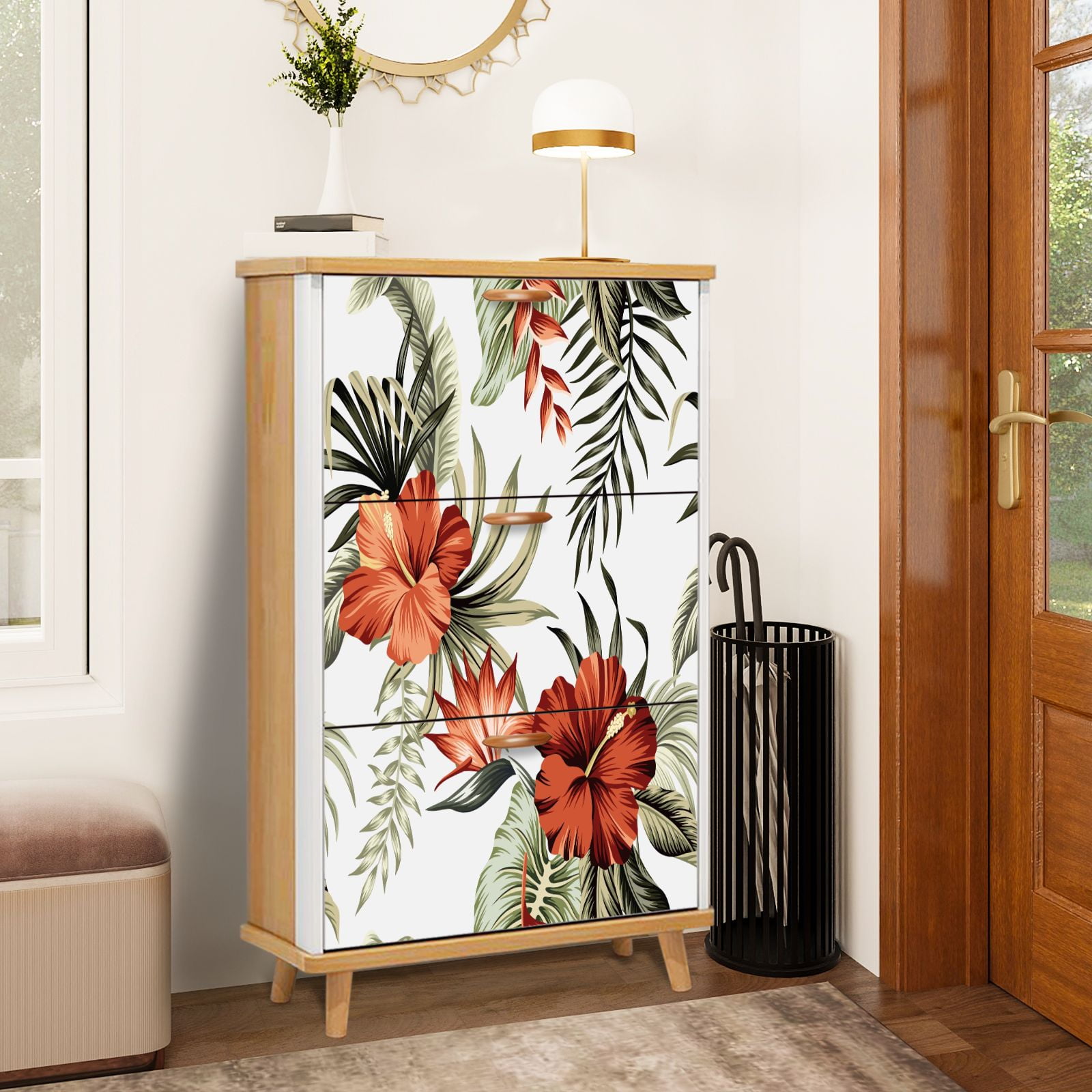 Shoe Storage Cabinet with 3 Flip Drawers for Entryway Tropical vintage red hibiscus flower palm ...