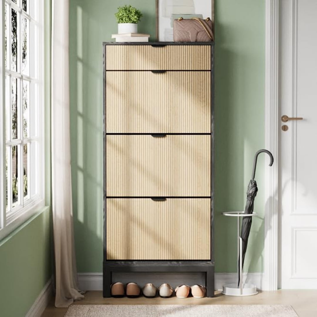 Shoe Storage Cabinet with 3 Flip Drawers, Farmhouse Fluted Shoe ...