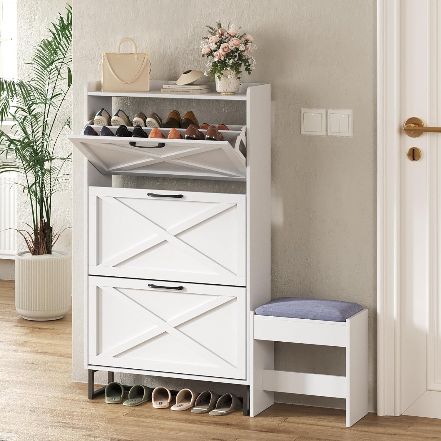 Shoe Storage Cabinet with 3 Flip Drawers Farmhouse Freestanding ...