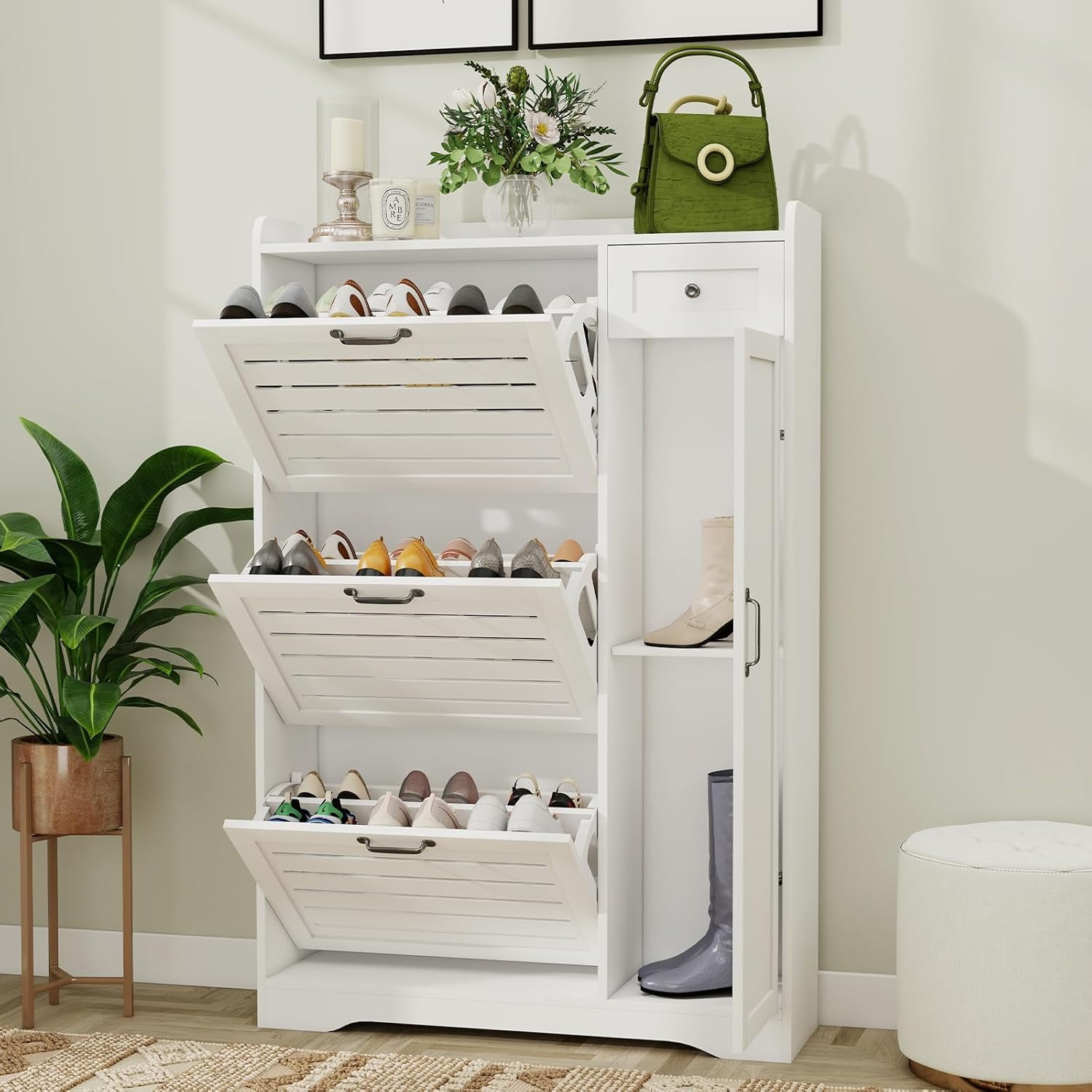 Shoe Storage Cabinet with 3 Flip Drawers, Freestanding Hidden Wooden ...