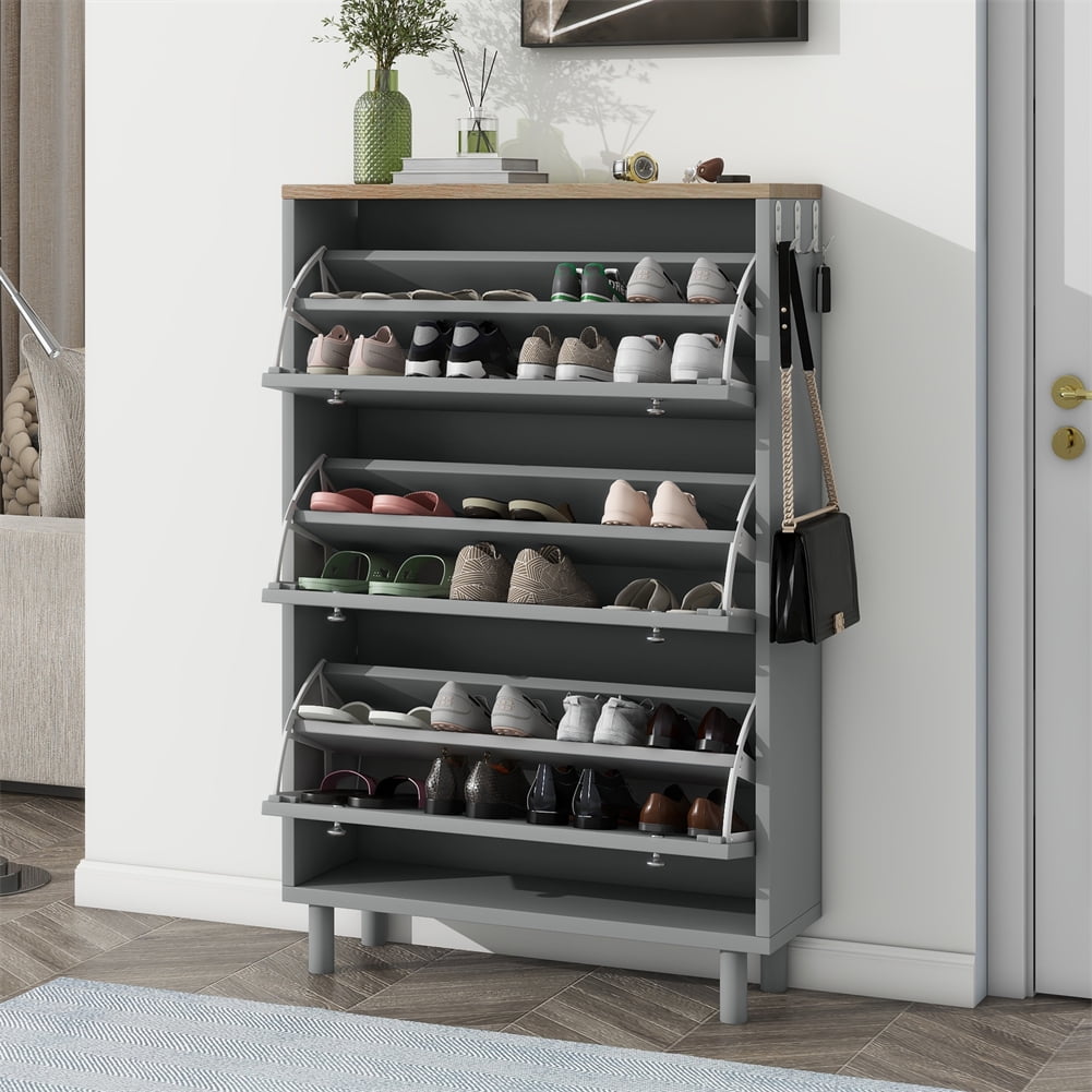 Shoe Storage Cabinet with 3 Flip Drawers & 3 Metal Hooks, Narrow Shoe ...