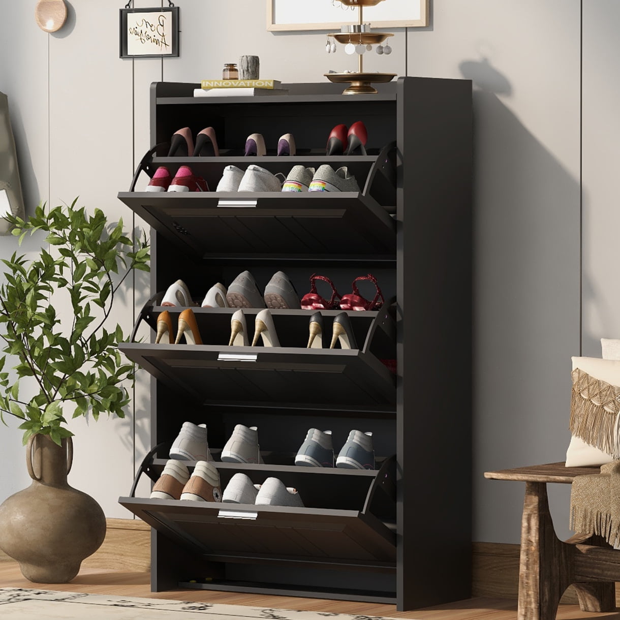 Shoe Storage Cabinet with 3 Flip Drawers, Modern Freestanding Storage ...